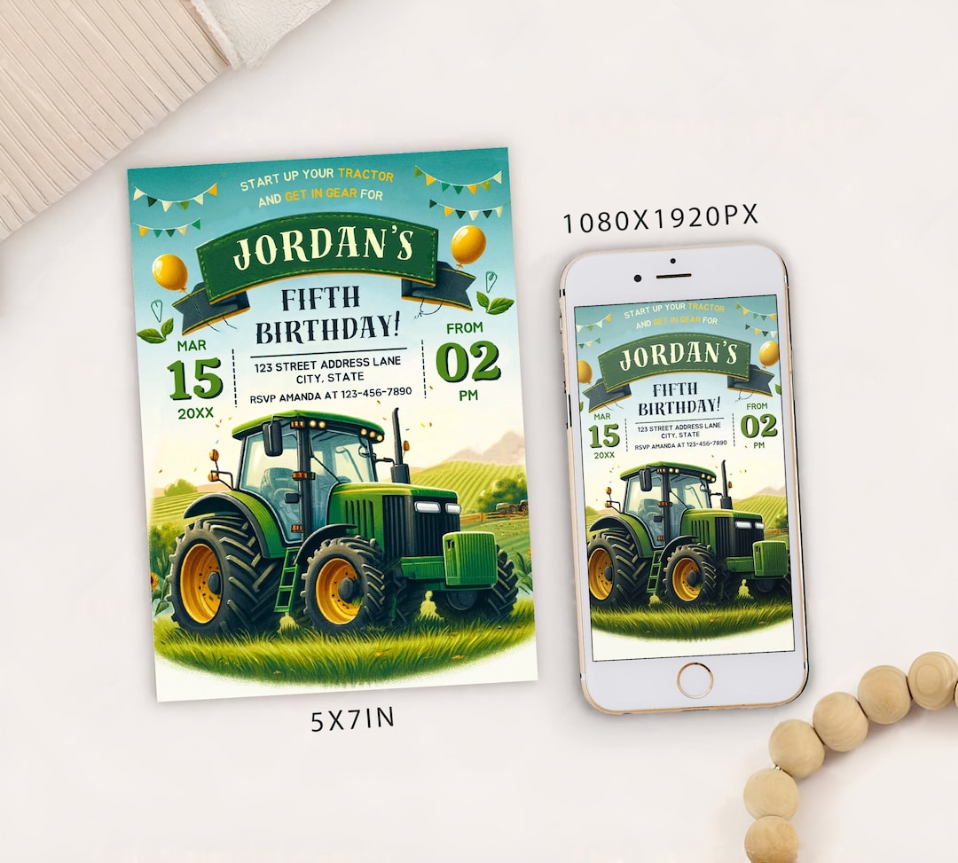 Editable Tractor Birthday Party Invitation Card Template, Digital ...