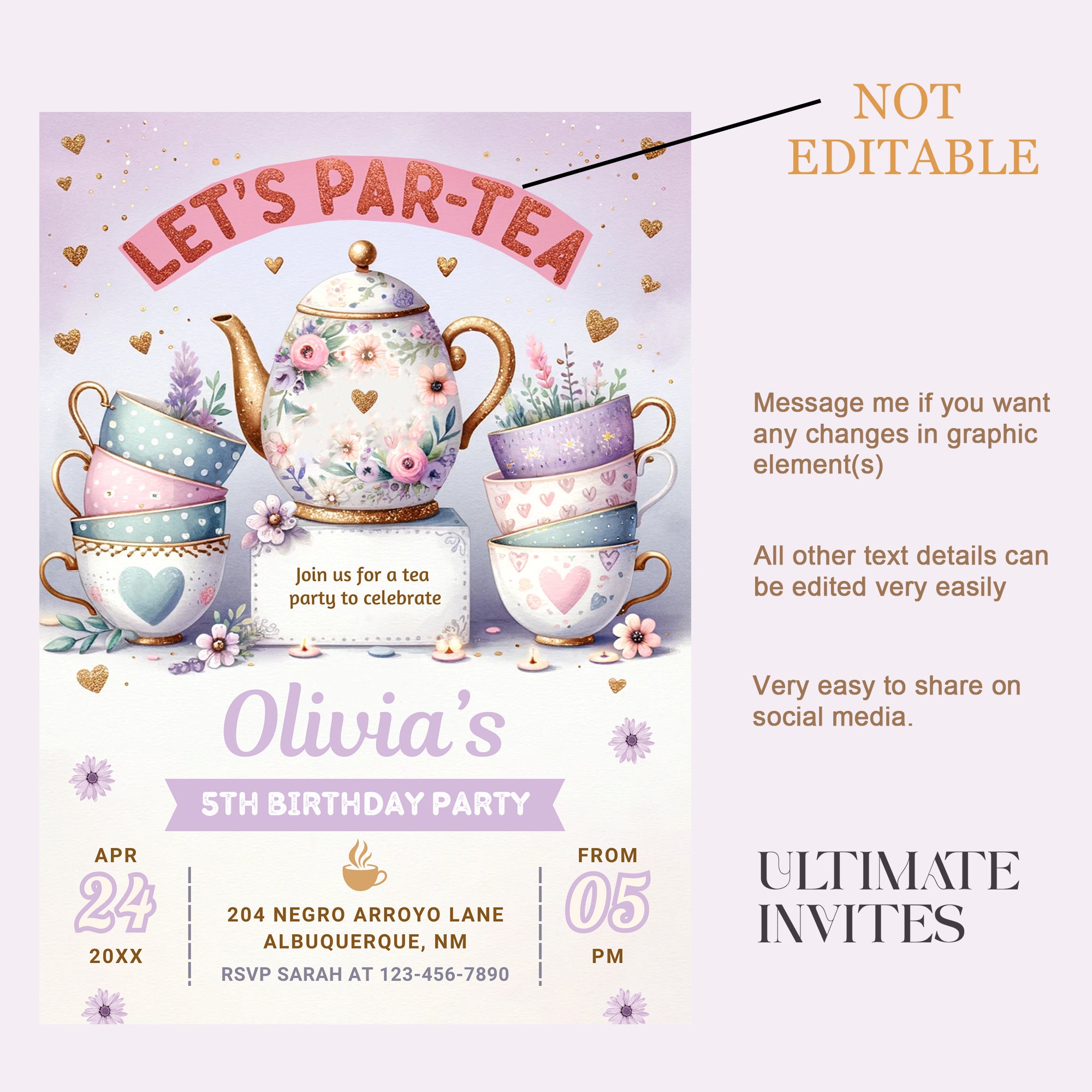 Editable Tea Party Birthday Invitation Card Template, Girl Par-tea ...
