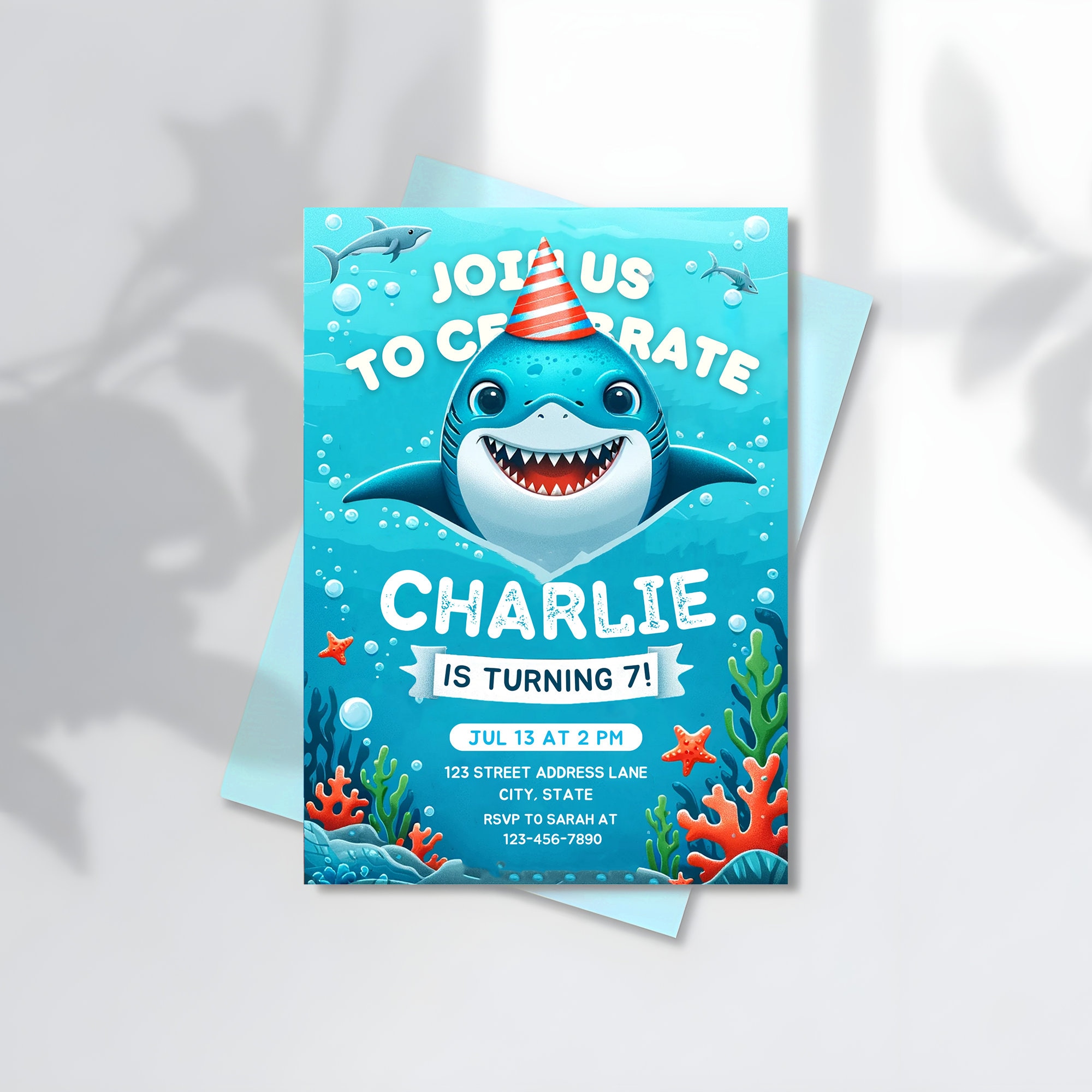 Editable Shark Birthday Party Invitation Card, Under the Sea Kids Shark ...