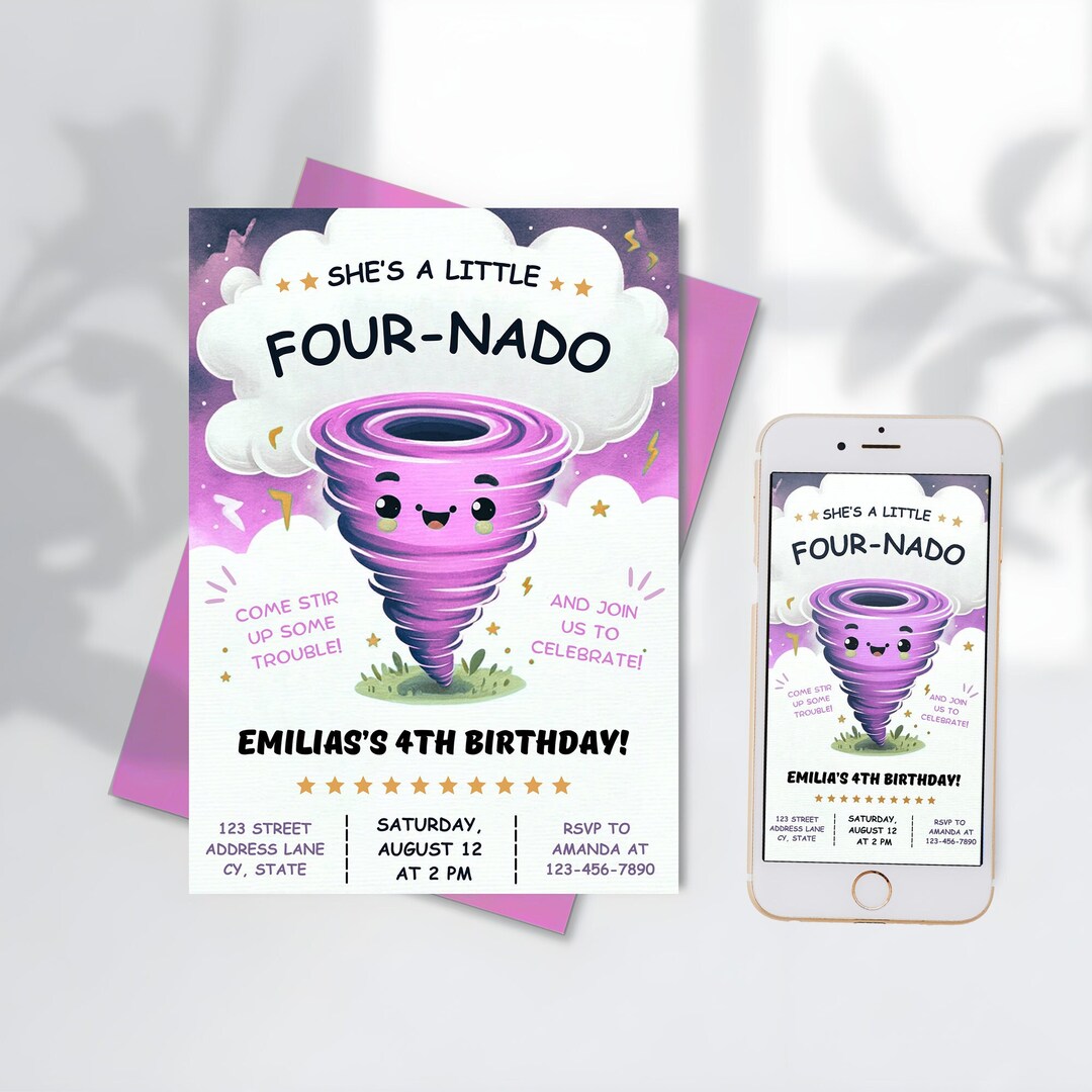 Fournado 4th Birthday Invitation Template: Editable Girl Party (digital ...