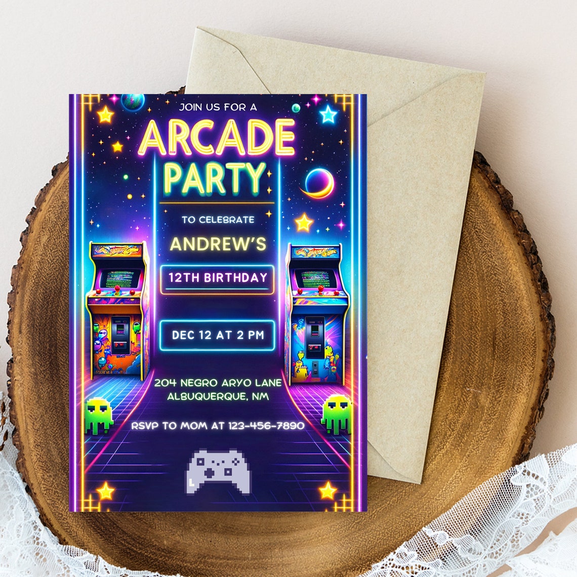 Editable Arcade Party Birthday Invitation Card Printable Template ...
