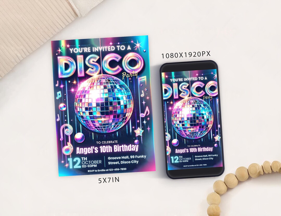 Editable Disco Party Birthday Invitation Card Printable Template, Neon ...