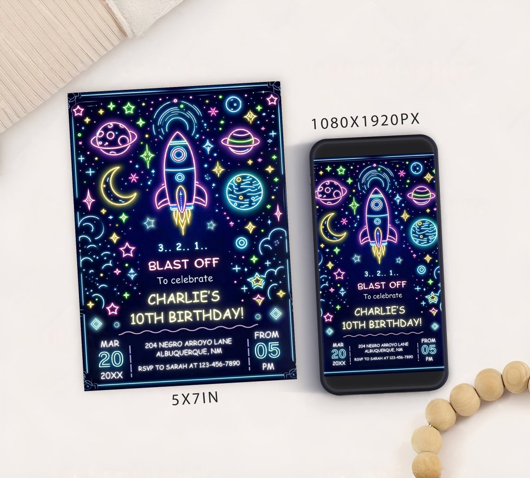 Editable Outer Space Galaxy Birthday Party Invitation Card Template ...