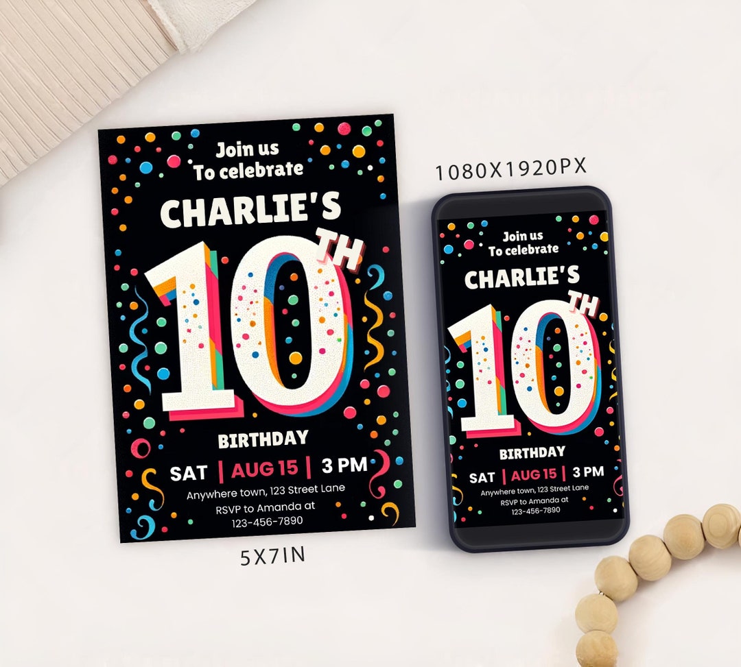 10th Birthday Party Invitation Template, Digital 10th Birthday Polka ...