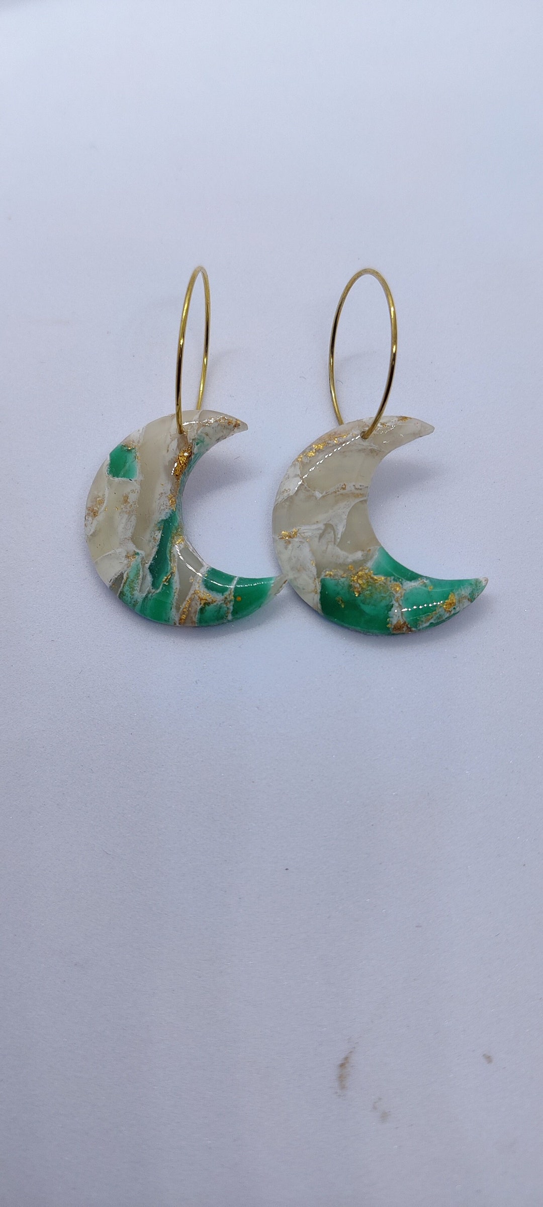 Emerald Green With White Half Moon Earringpolymerclay - Etsy