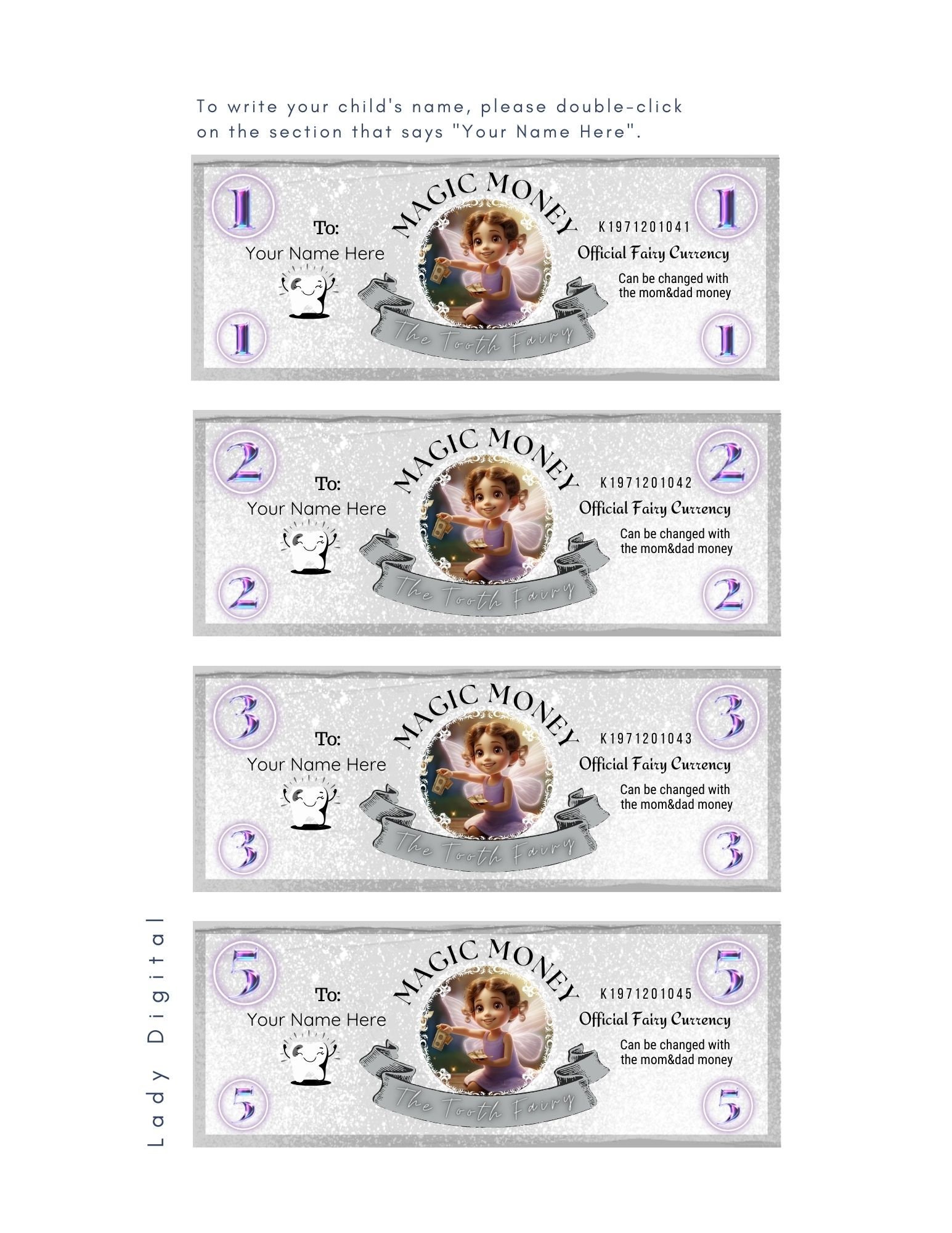 Bright Tooth Fairy Pretend Play Money, Editable & Printable Tooth Fairy ...
