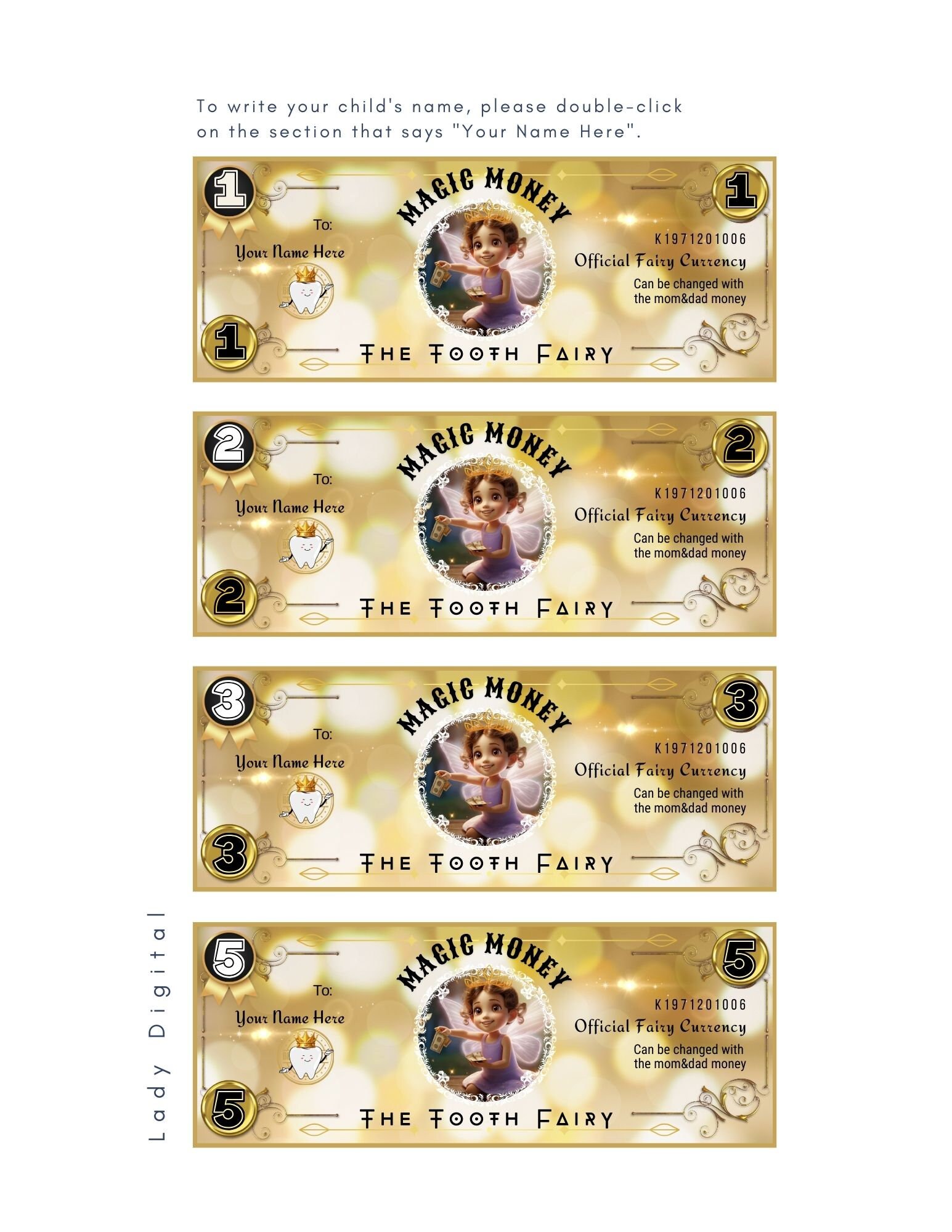 Gold Color Tooth Fairy Pretend Play Money, Editable & Printable Tooth ...