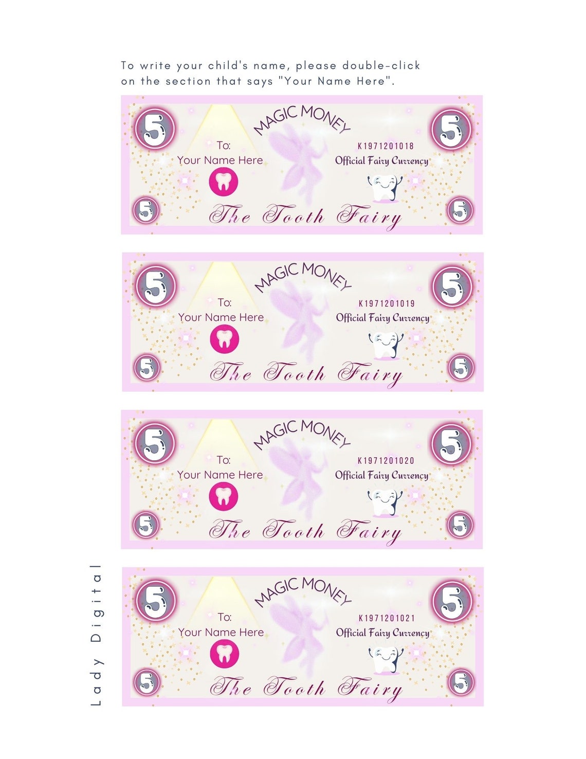 Pink Tooth Fairy Pretend Play Money, Editable & Printable Tooth Fairy ...