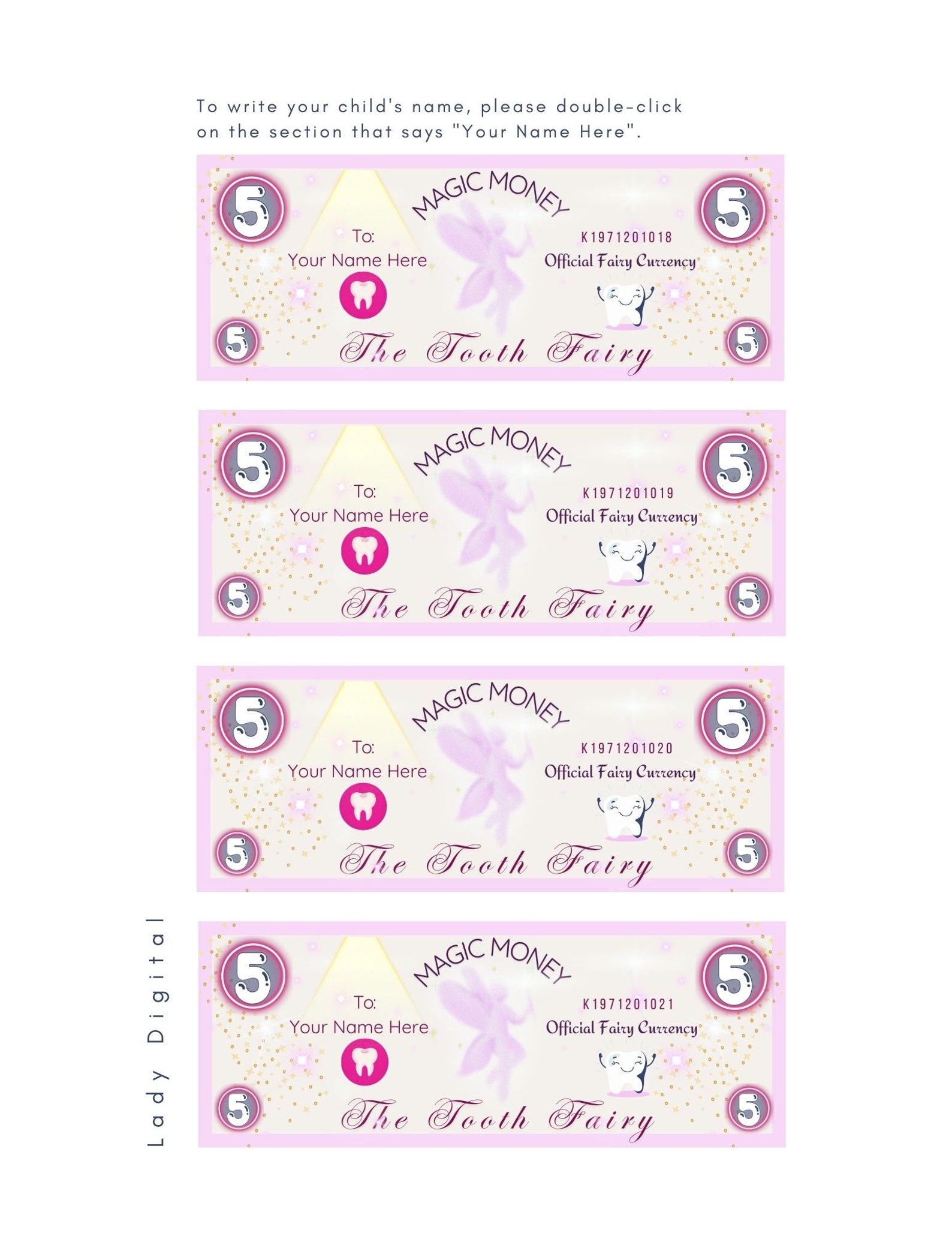 Pink Tooth Fairy Pretend Play Money, Editable & Printable Tooth Fairy ...