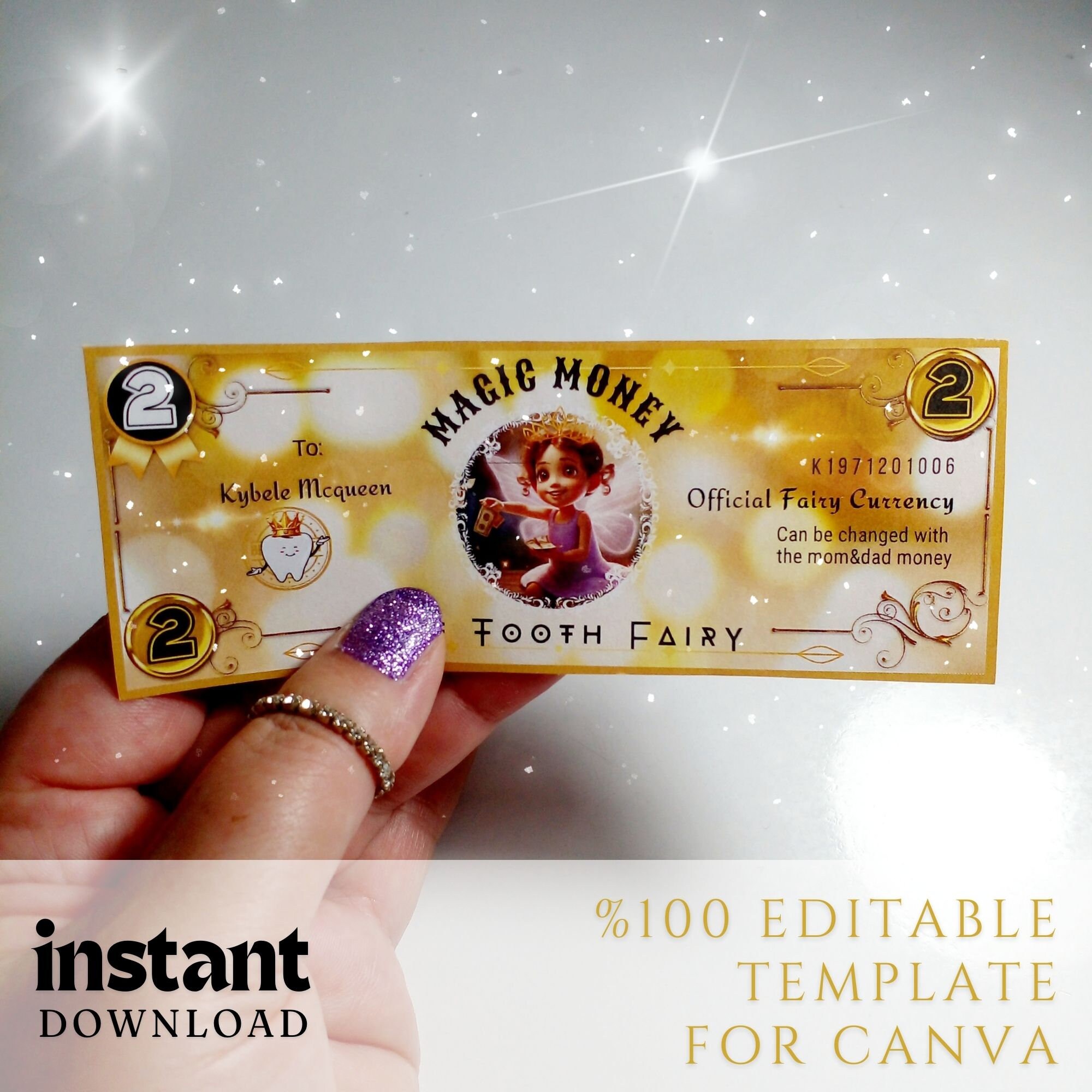 Gold Color Tooth Fairy Pretend Play Money, Editable & Printable Tooth ...