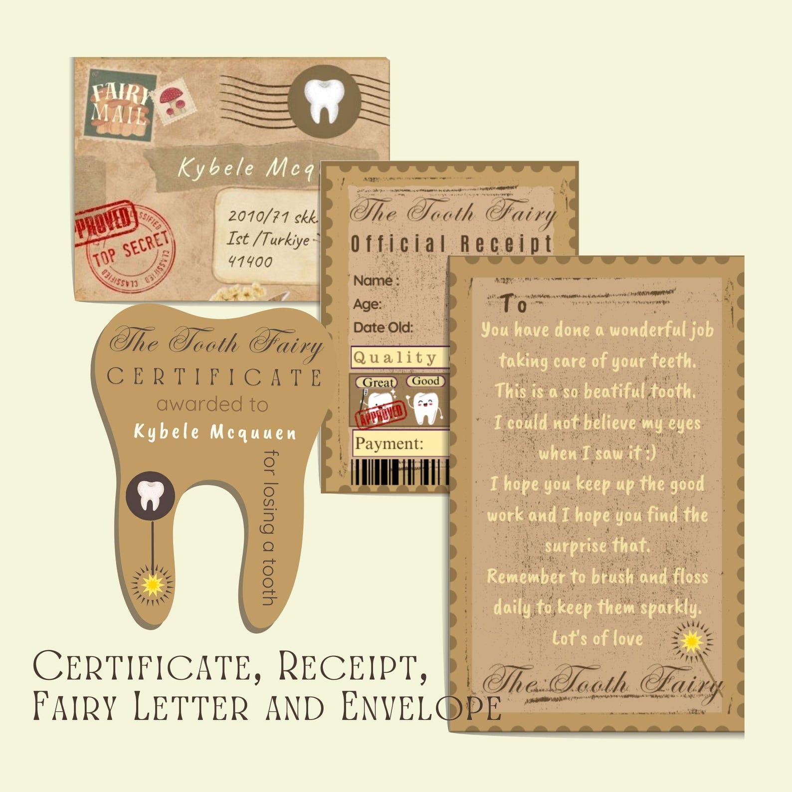 Vintage Tooth Fairy Letter Set for Boy & Girls | Printable Kraft Color ...