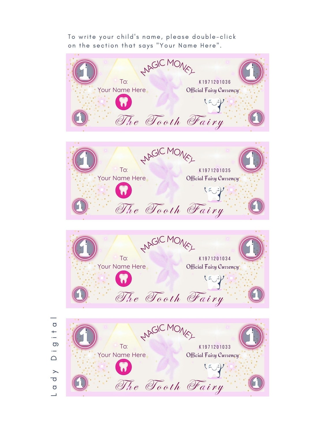 Pink Tooth Fairy Pretend Play Money, Editable & Printable Tooth Fairy ...