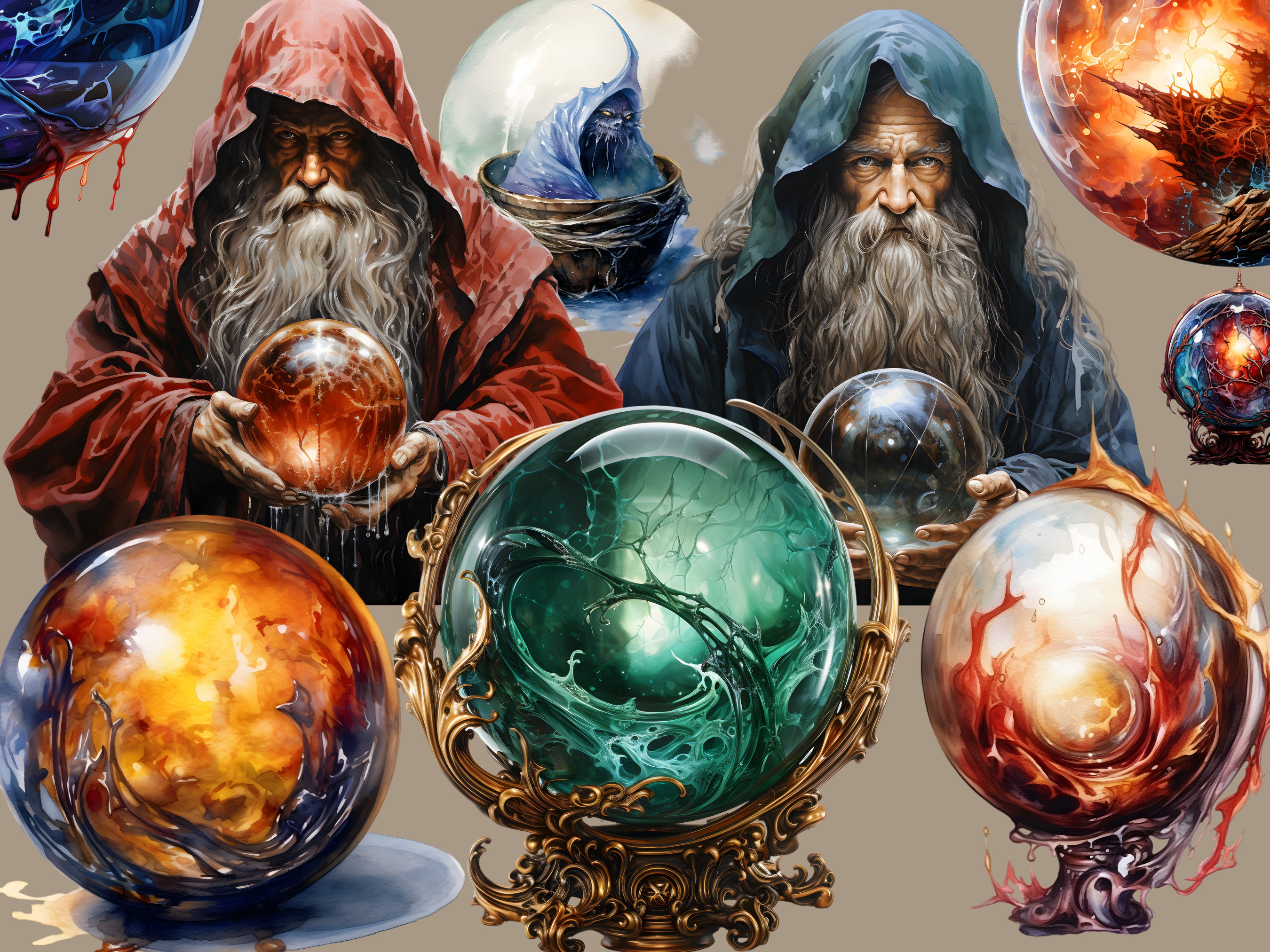 Wizard Orb Clipart Bundle Watercolor Wizard Witch & Wizard - Etsy