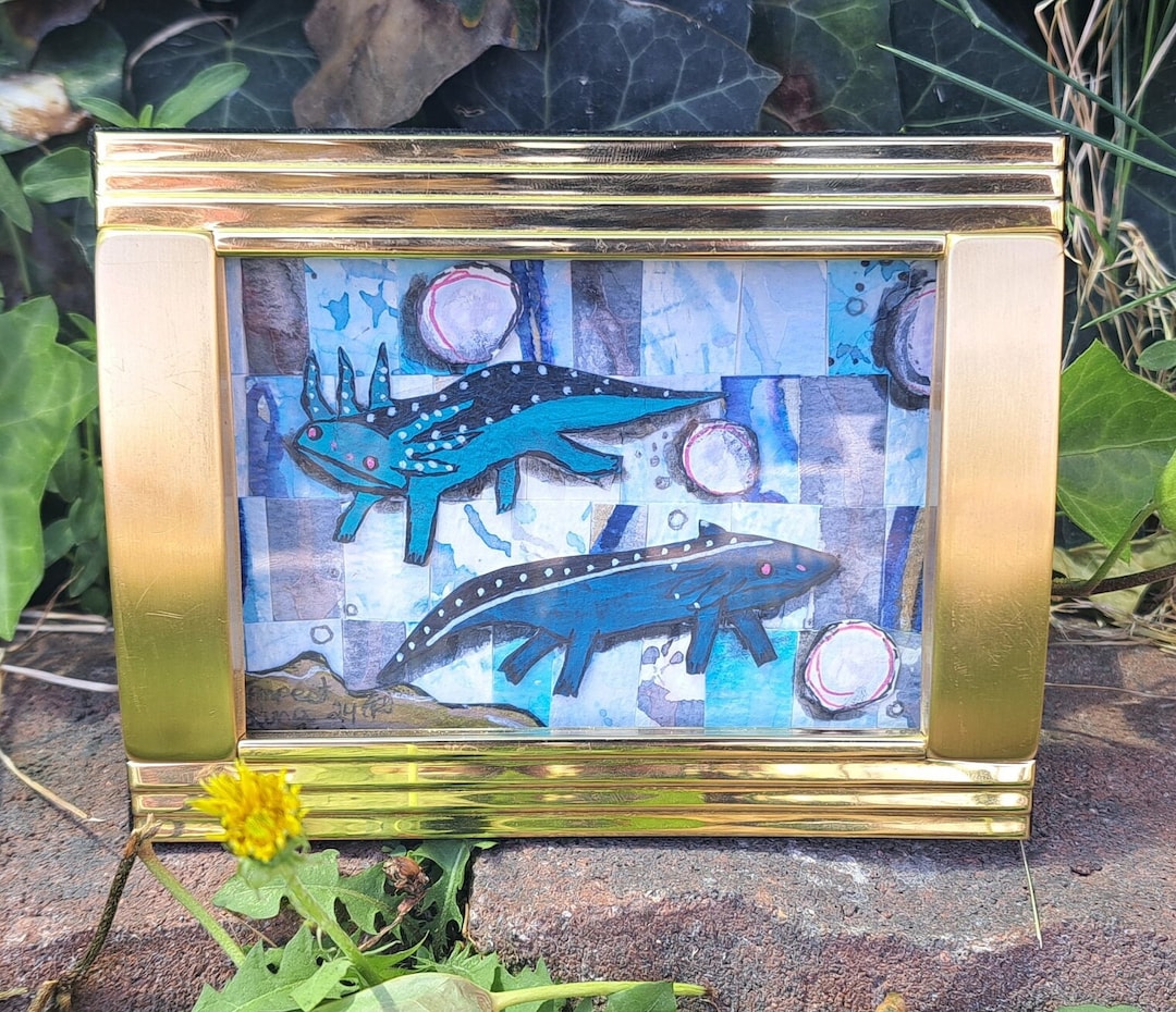 Ancient Axolotl Duo Collage 4.5x6 Painting Tabletop Gold Frame Wall Art ...