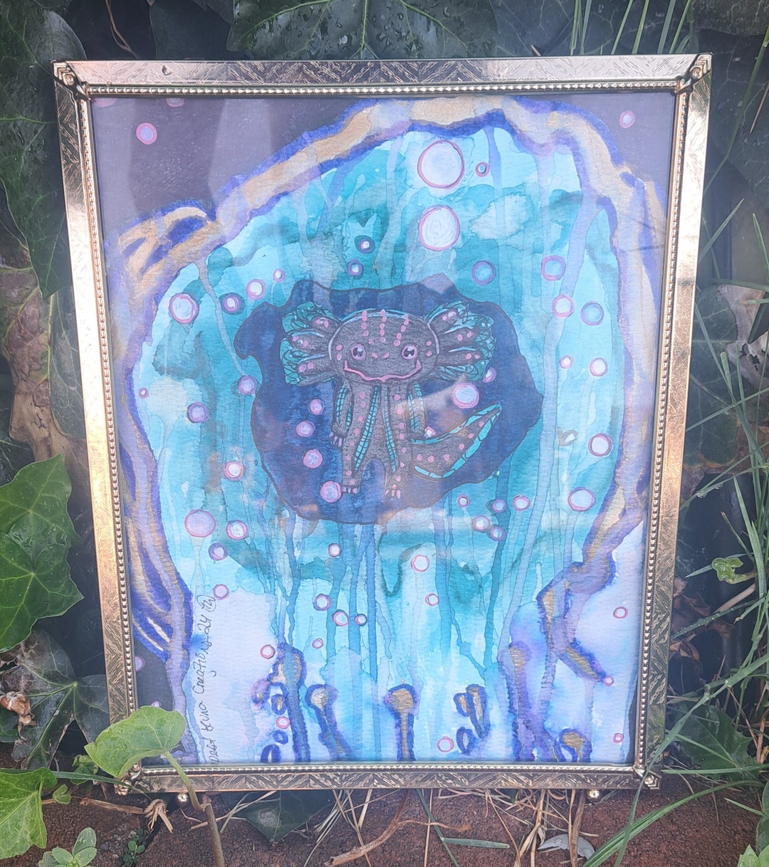 Ancient Axolotl 8x10 Gold Tabletop Frame Gift Watercolor Sharpie ...