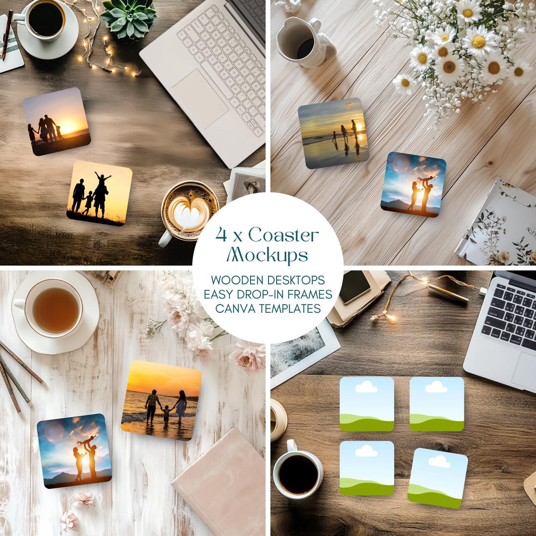 4 Coaster Mockups, Canva Template for Coaster Designs, Wooden Desk Mock ...