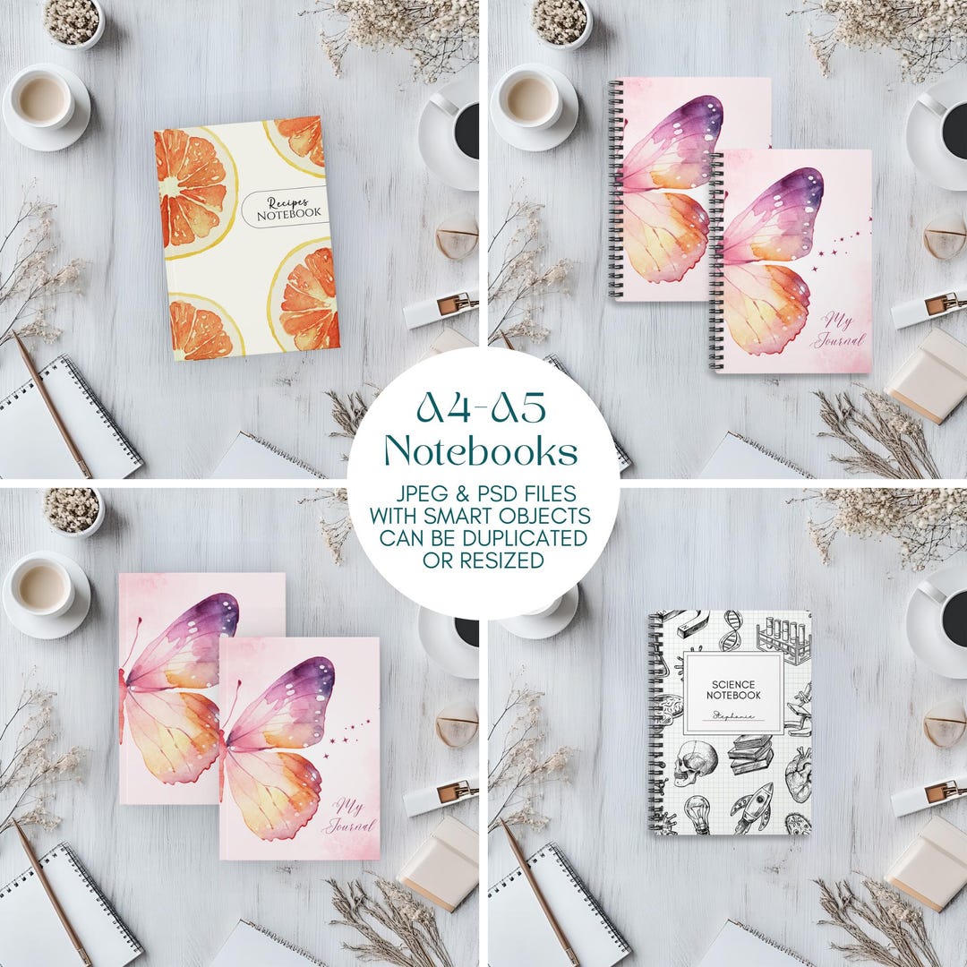 A4 - A5 Notebook Mock Up, Spiral and Hardcover Journal Mockups, Wooden ...
