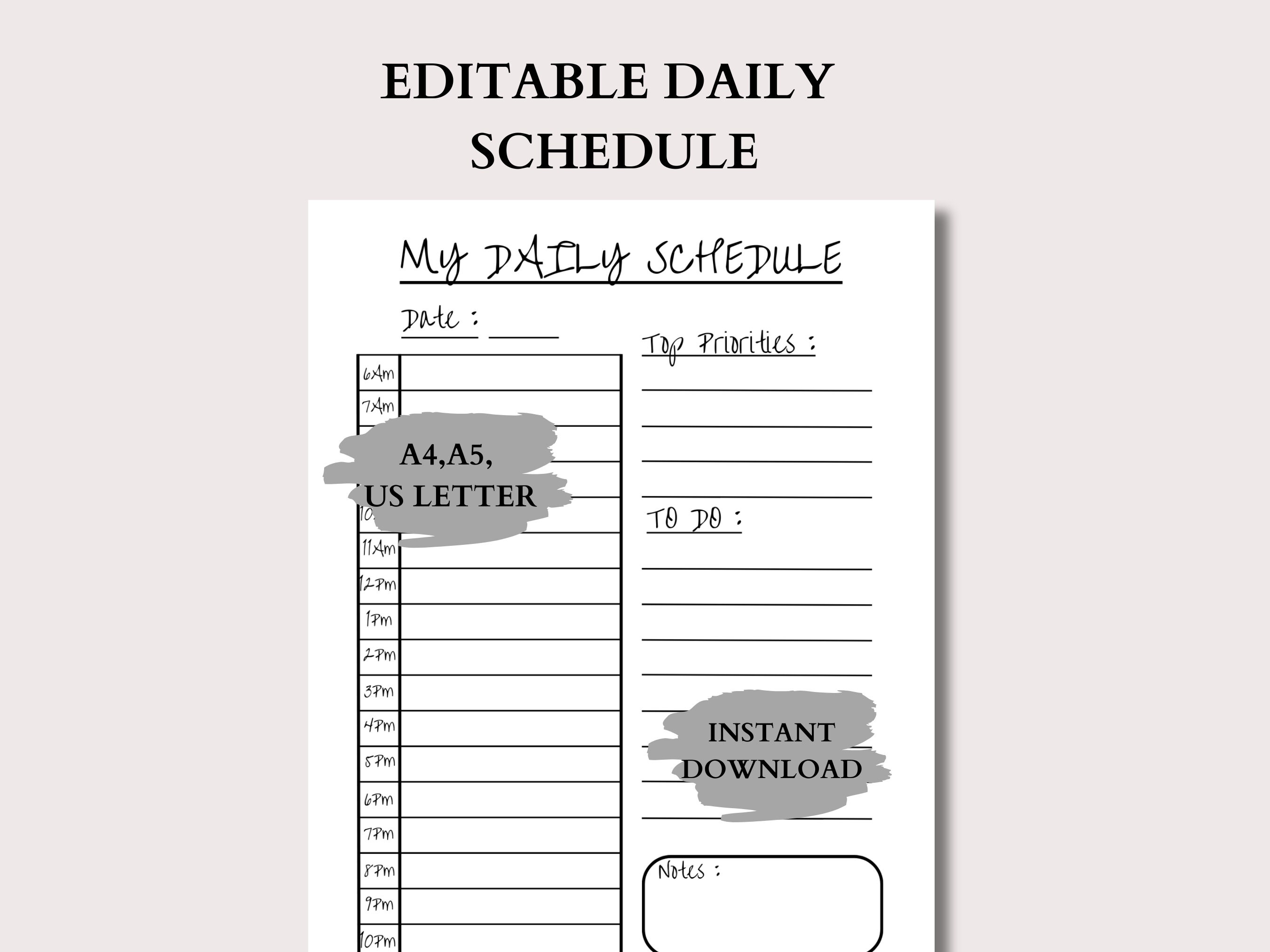 Daily Printable and Fillable Planner Simple Daily Schedule - Etsy