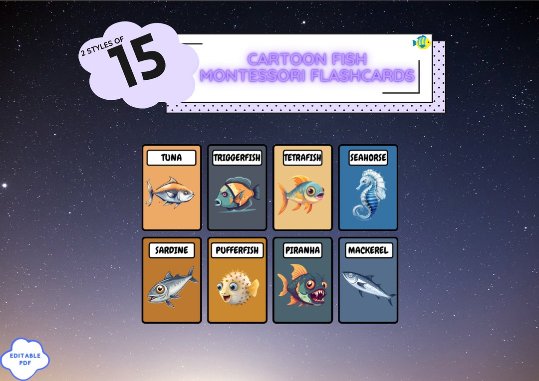 15 Digital Cartoon Fish Flashcards 3 Part Montessori Cards Educational ...