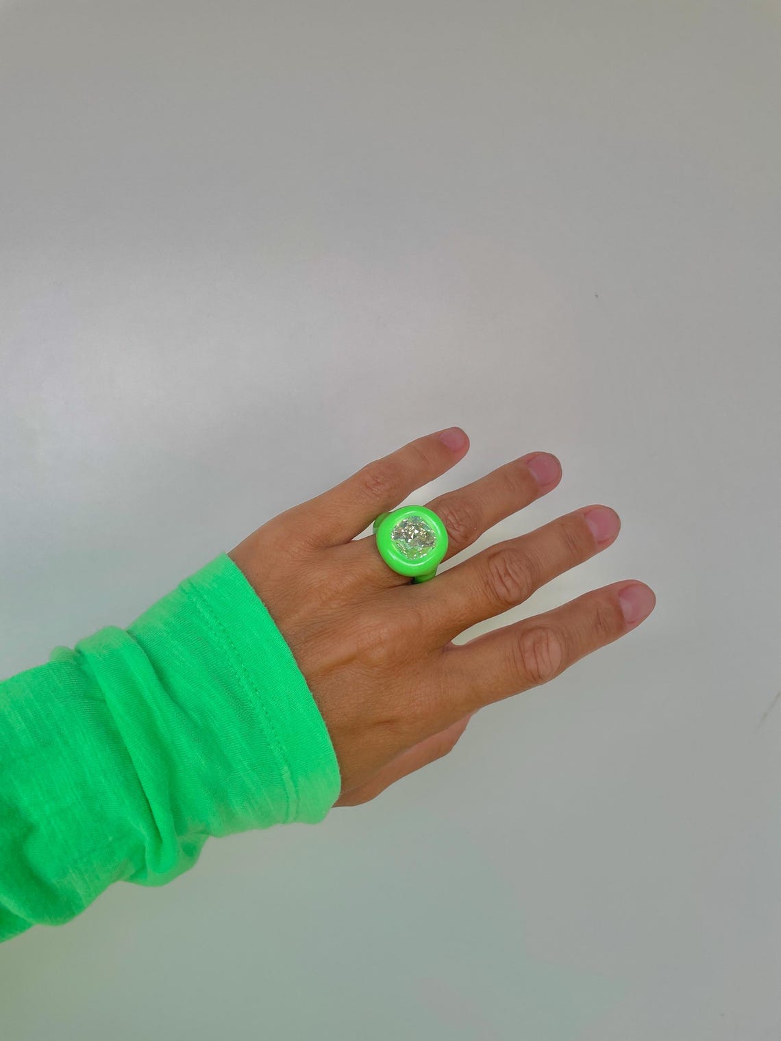 Summer Neon Lime Green Color Polymer Ring With Sparkly Diamond Cushion ...