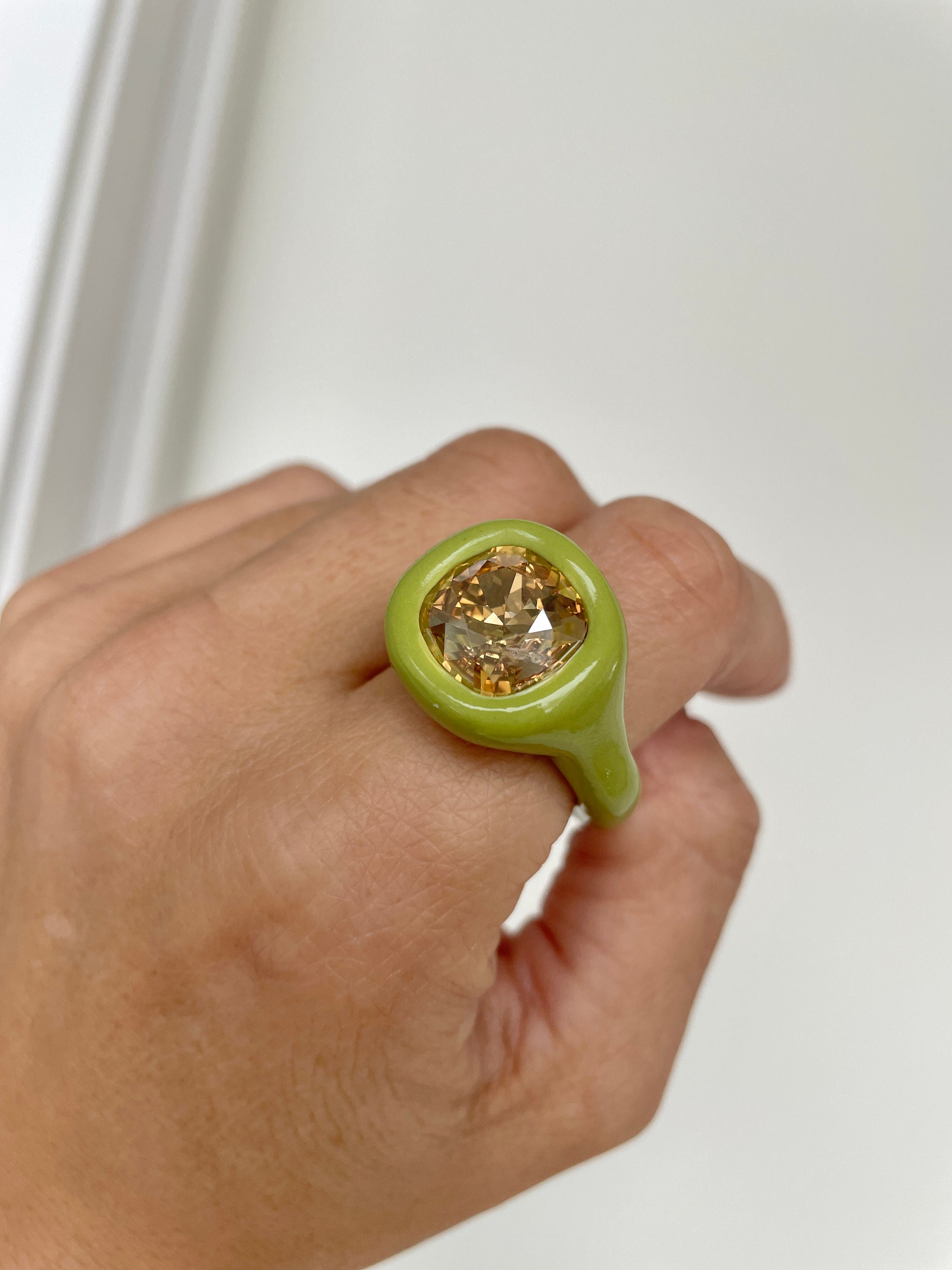 Matcha Green Glossy Trendy Handsculptured Clay Ring With Light Yellow ...