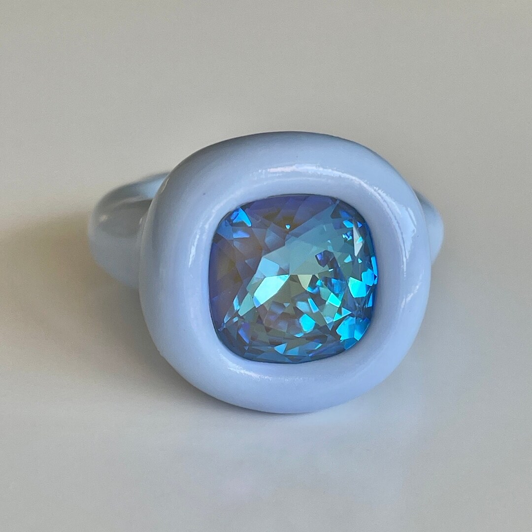 Chunky Handcrafted Blue Gray Polymer Clay Ring With Opalescent ...