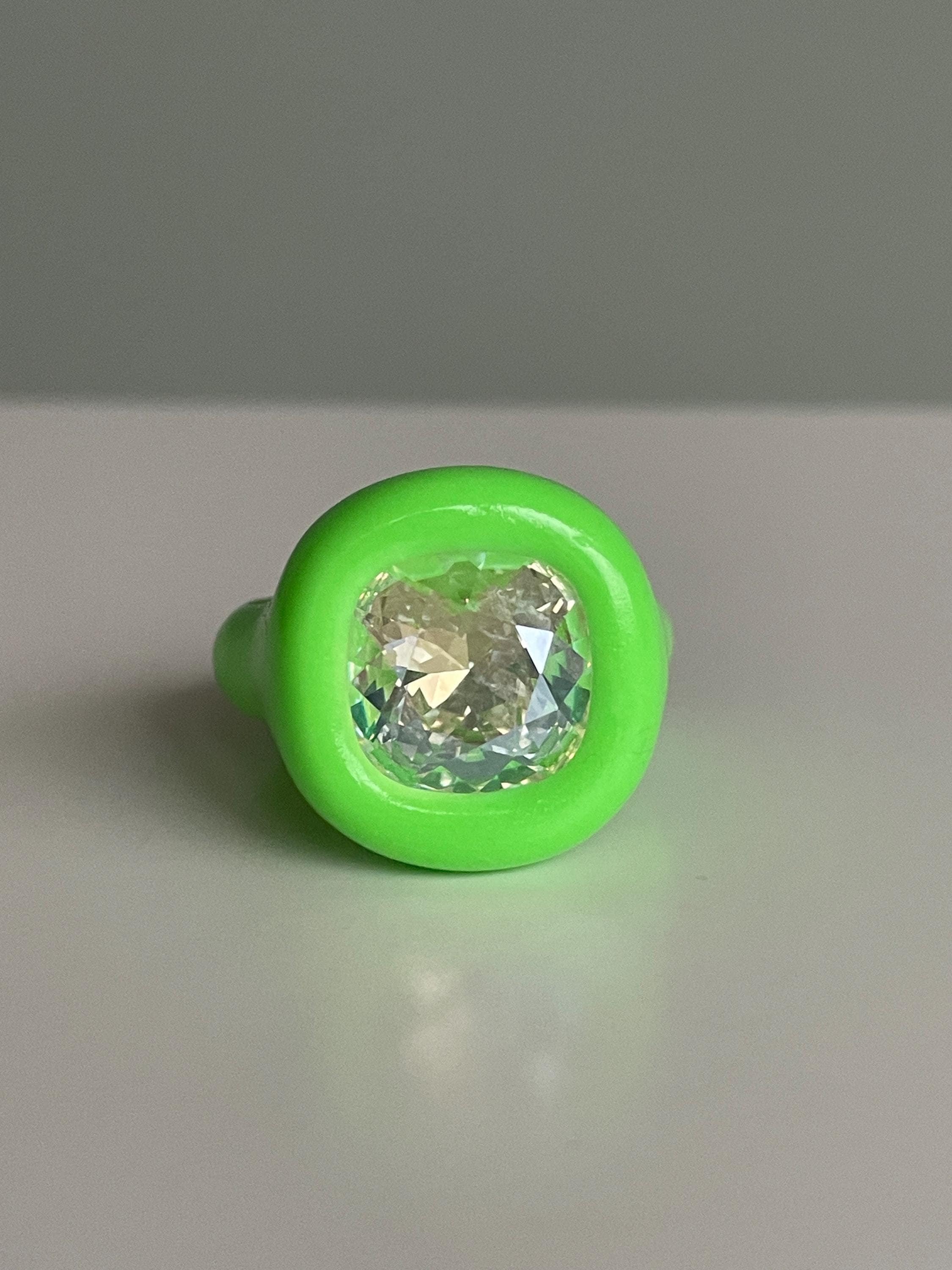 Summer Neon Lime Green Color Polymer Ring With Sparkly Diamond Cushion ...