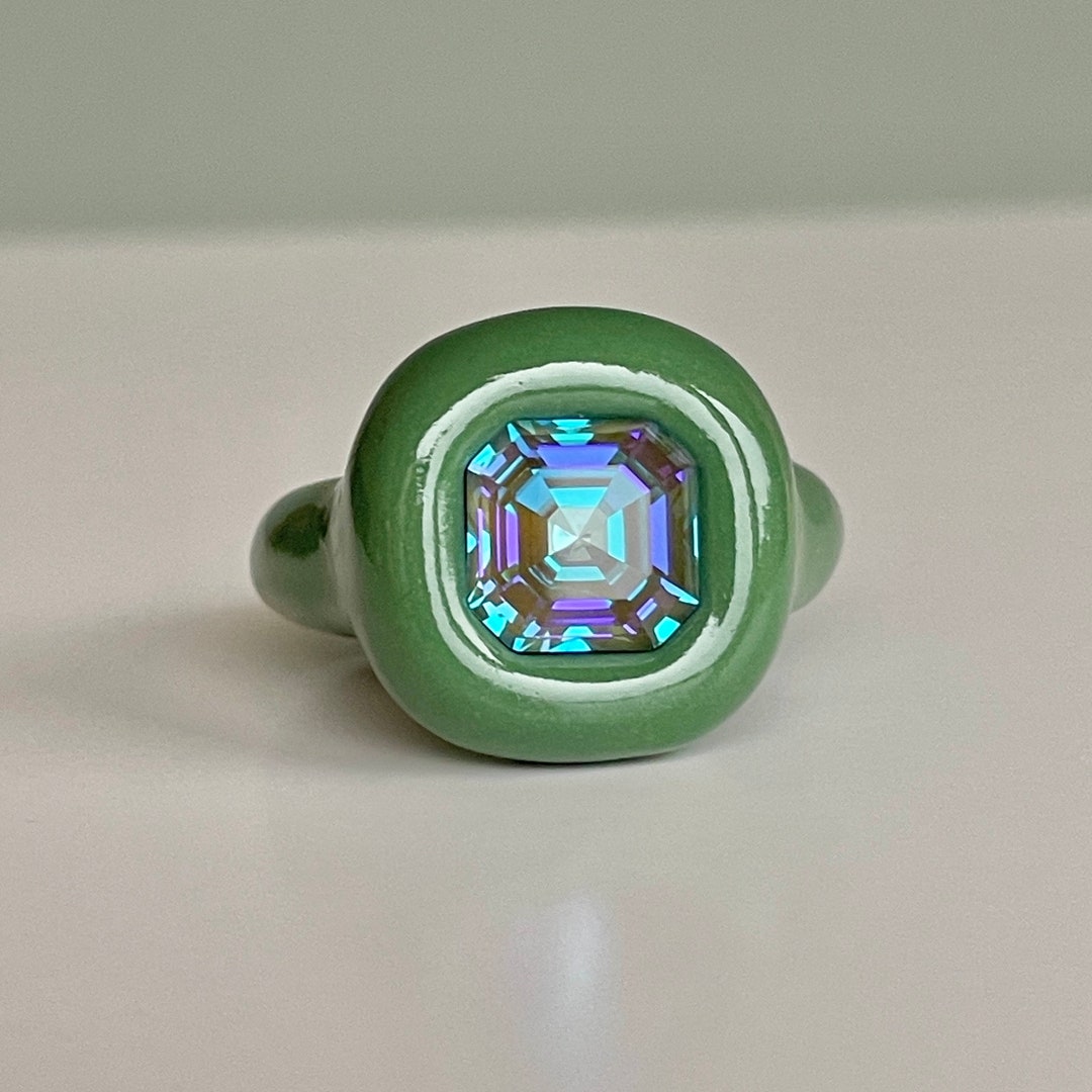 Khaki Olive Green Polymer Hand Sculpted Ring With Vintage Opalescent ...