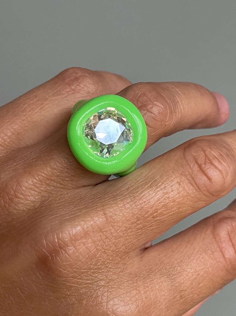 Summer Neon Lime Green Color Polymer Ring With Sparkly Diamond Cushion ...