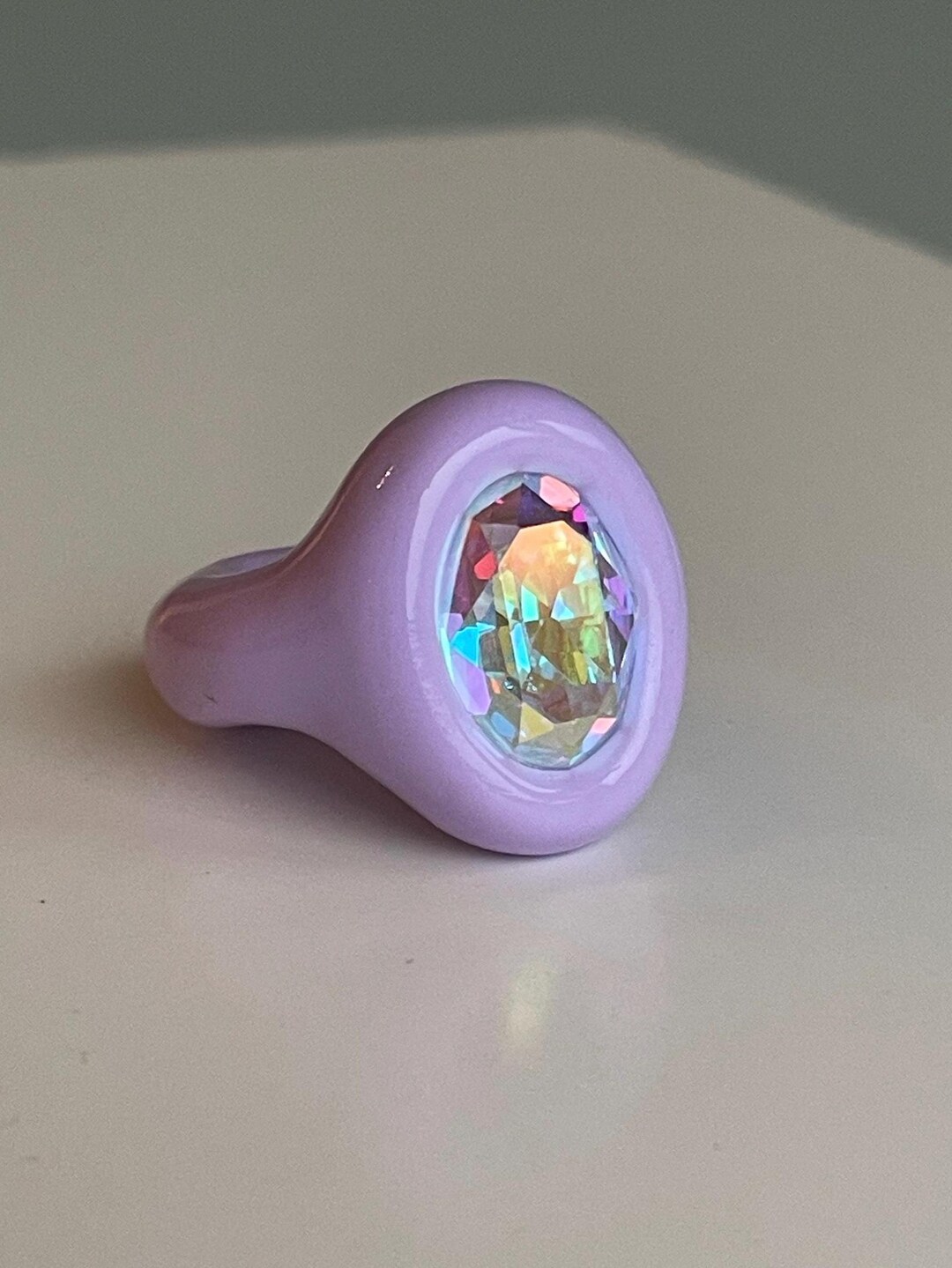 Handcrafted Lilac Polymer Ring With Swarovski Opalescent Crystal - Etsy