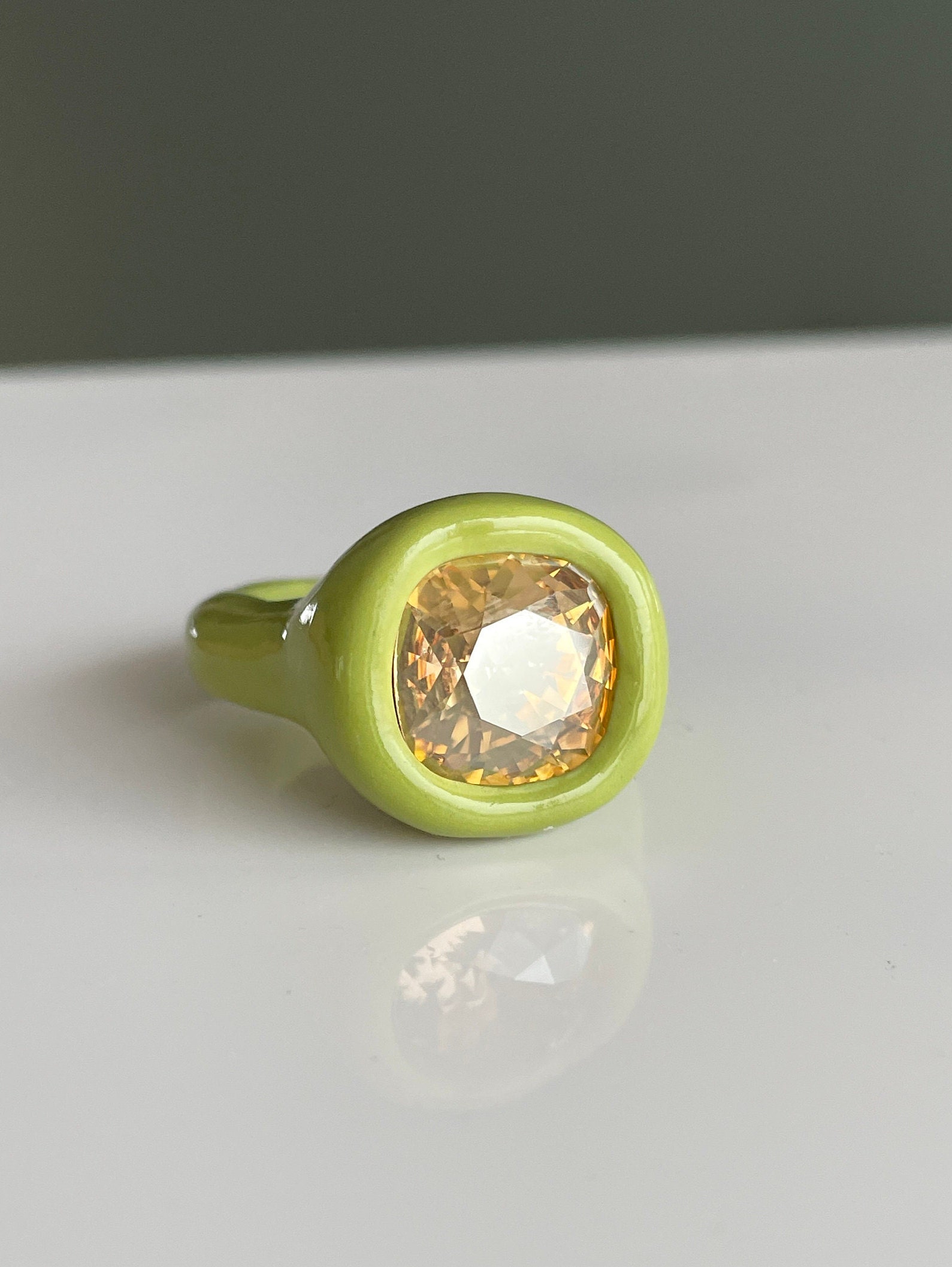 Matcha Green Glossy Trendy Handsculptured Clay Ring With Light Yellow ...