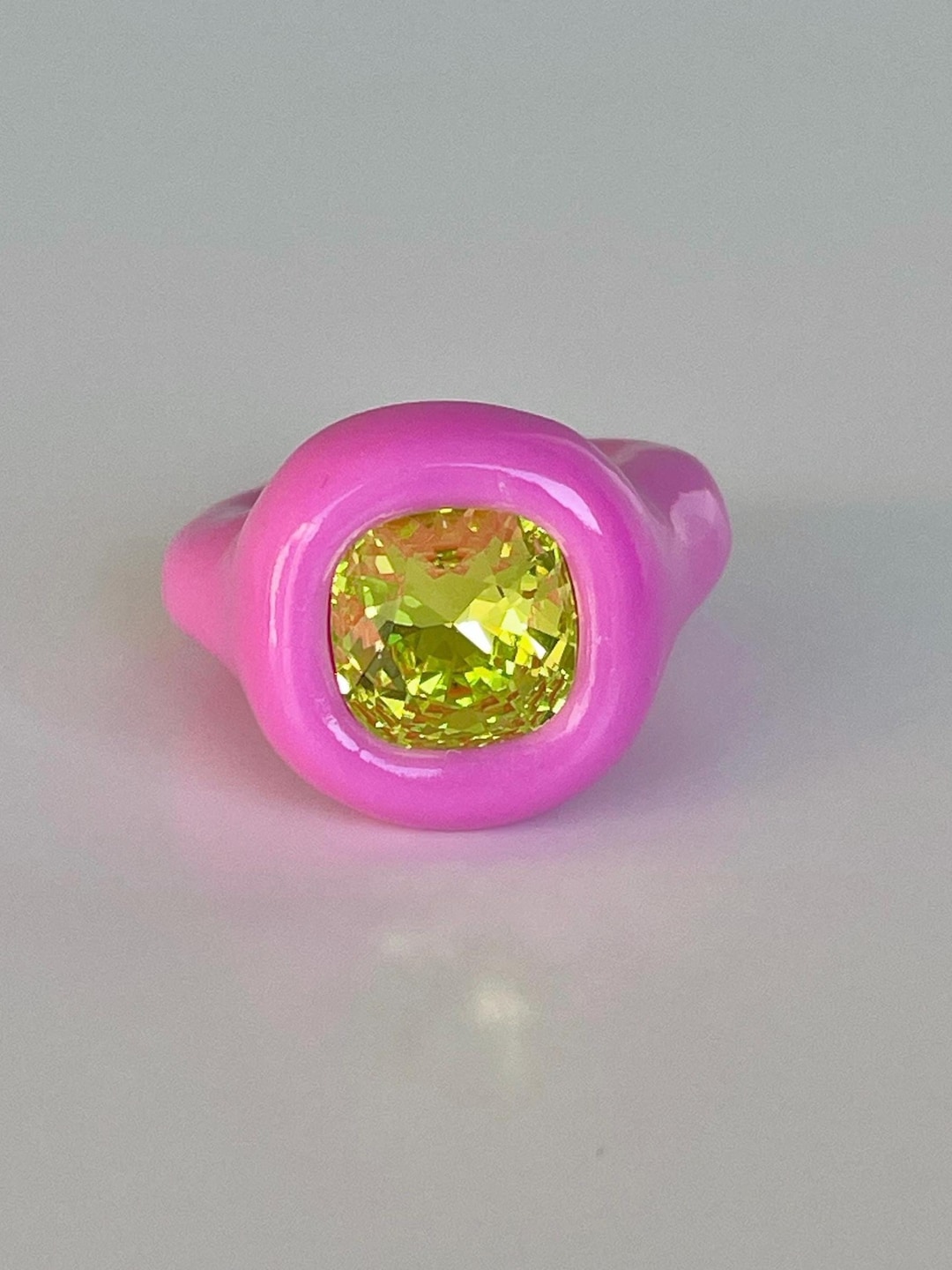 Vivid Pink Pop Art Ring With Lemon Yellow Crystal Hand Sculpted ...