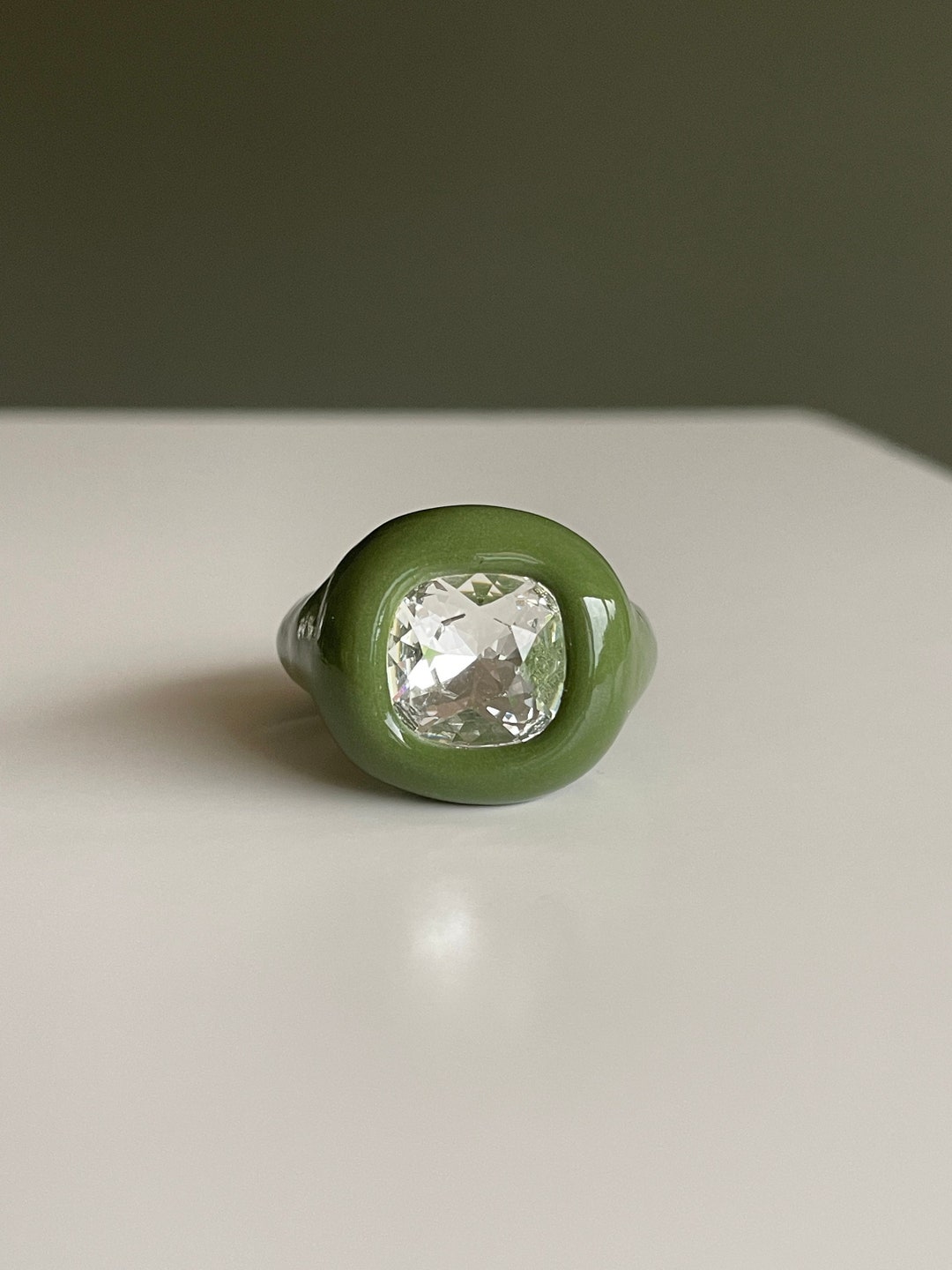 Big Khaki Olive Green Hand Sculpted Designer Chunky Polymer Ring With ...