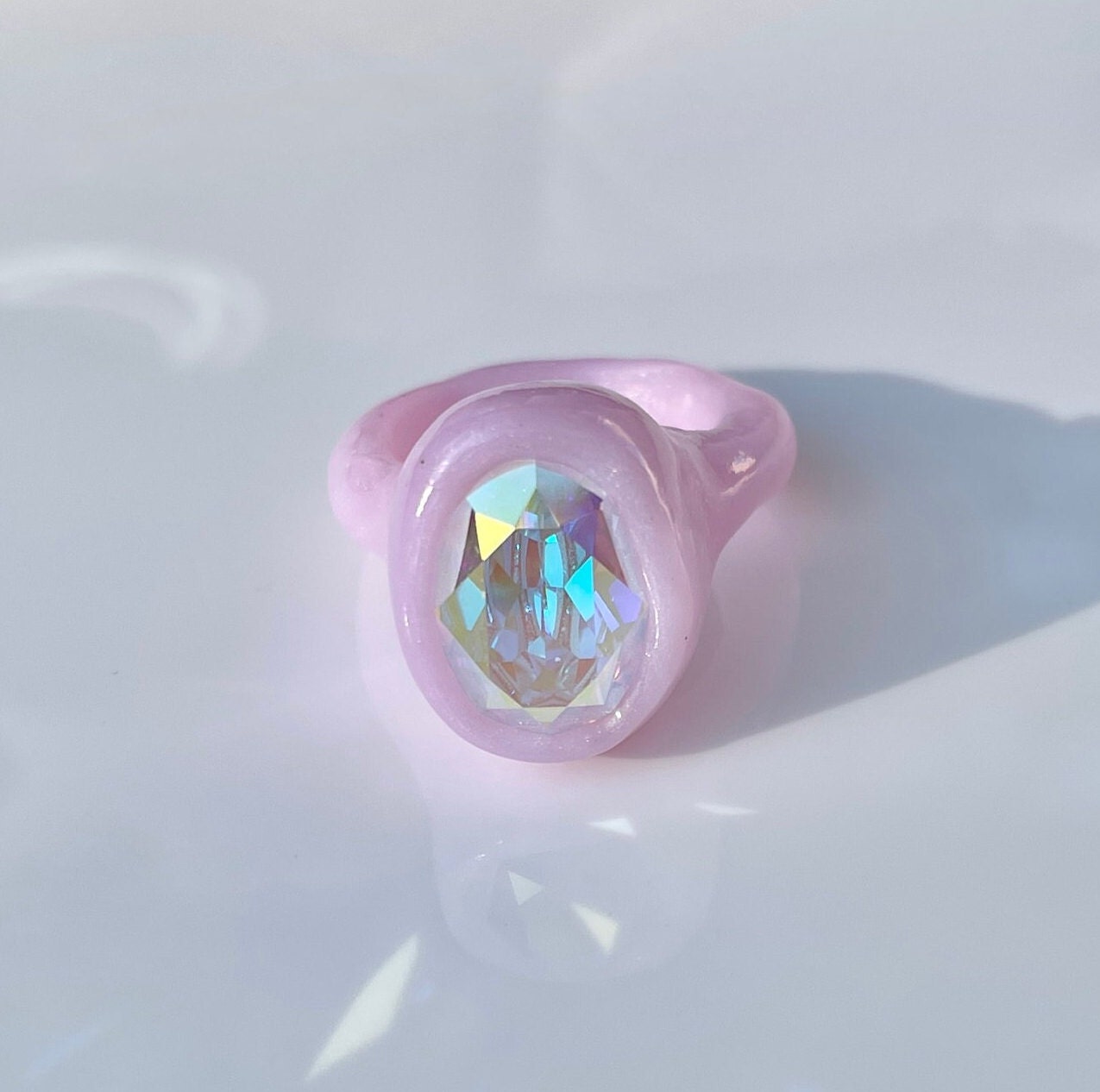 Soft Pink Bubblegum Unicorn Dreamy Pink Handcrafted Clay Ring With Opalescent Swarovski Crystal ...