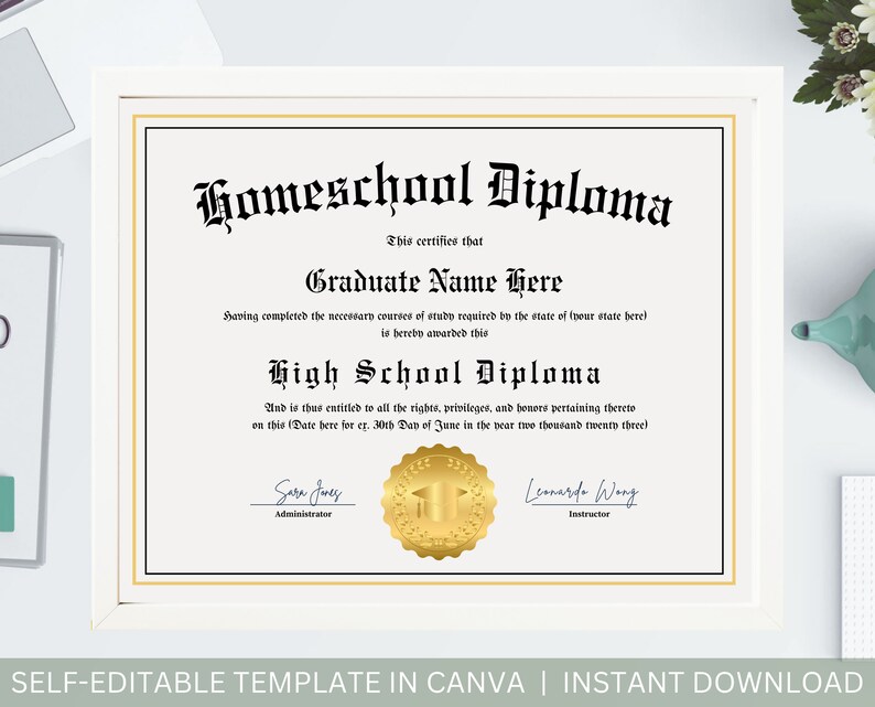 Editable Homeschool Diploma With Gold Seal Printable Homeschool ...