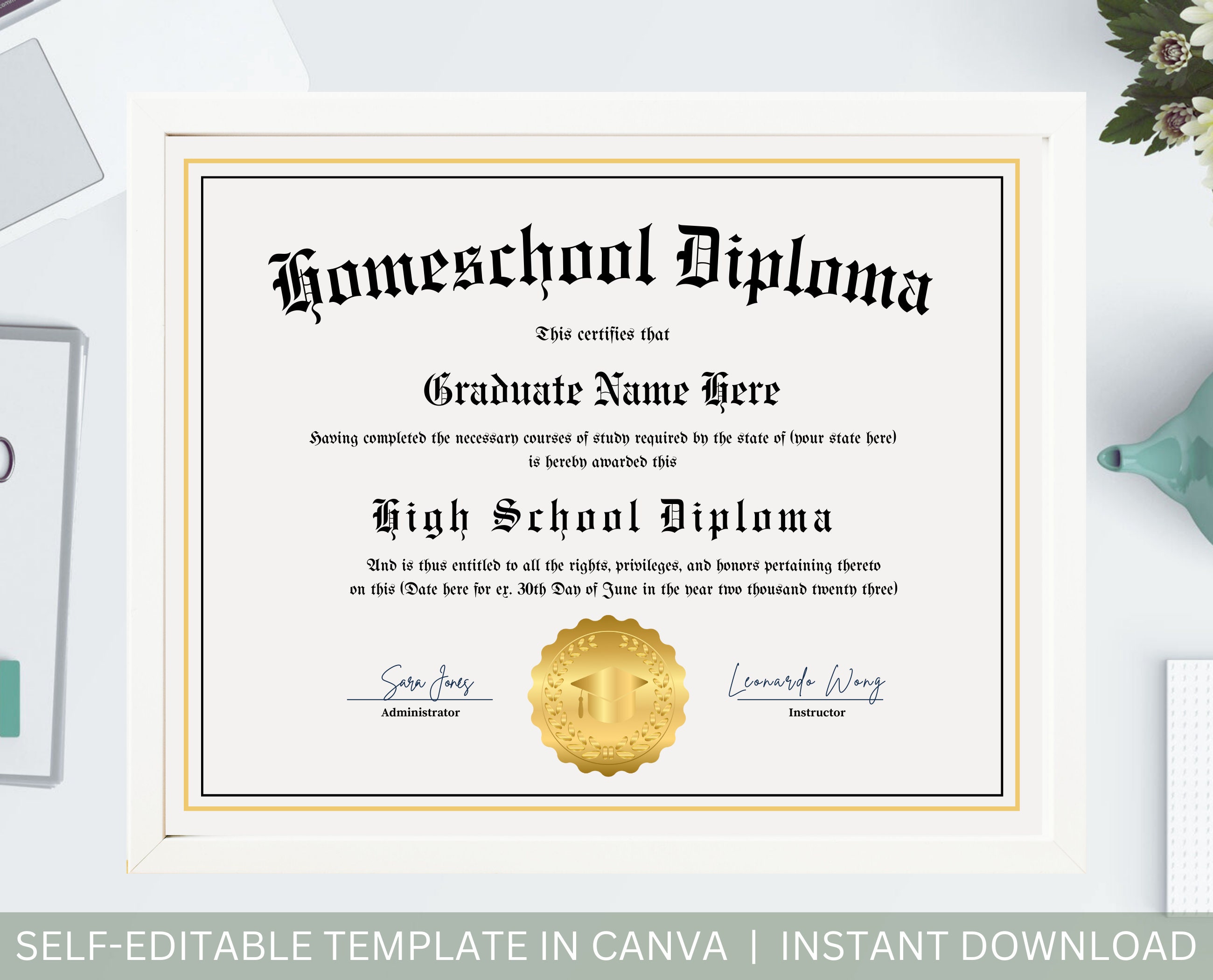 Editable Homeschool Diploma With Gold Seal Printable Homeschool ...