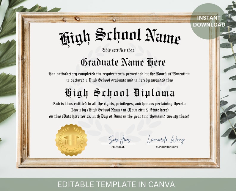 Editable High School Diploma With Gold Seal Printable Graduation ...