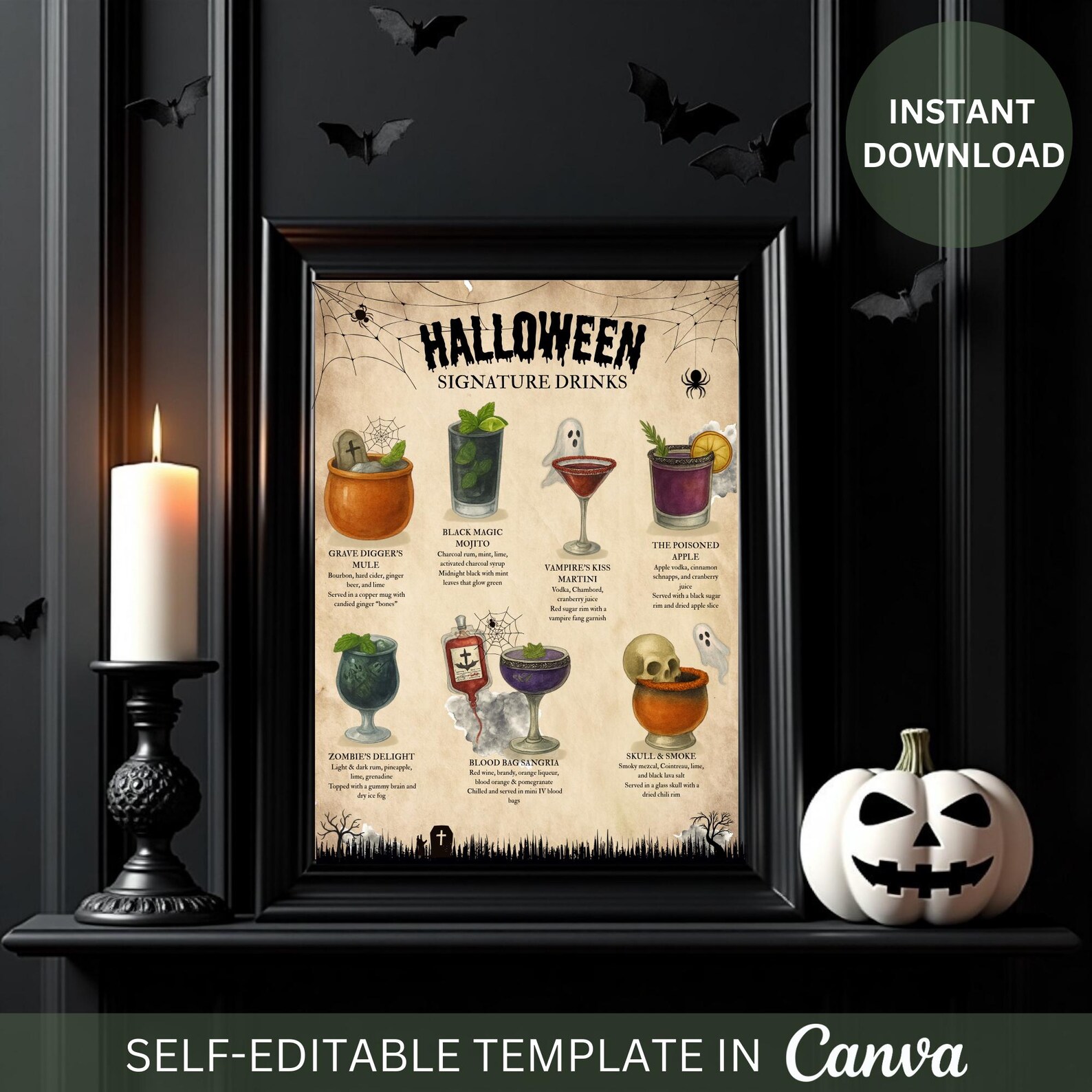 Editable Halloween Bar Menu Sign: Spooky Cocktail Party Decor (digital ...