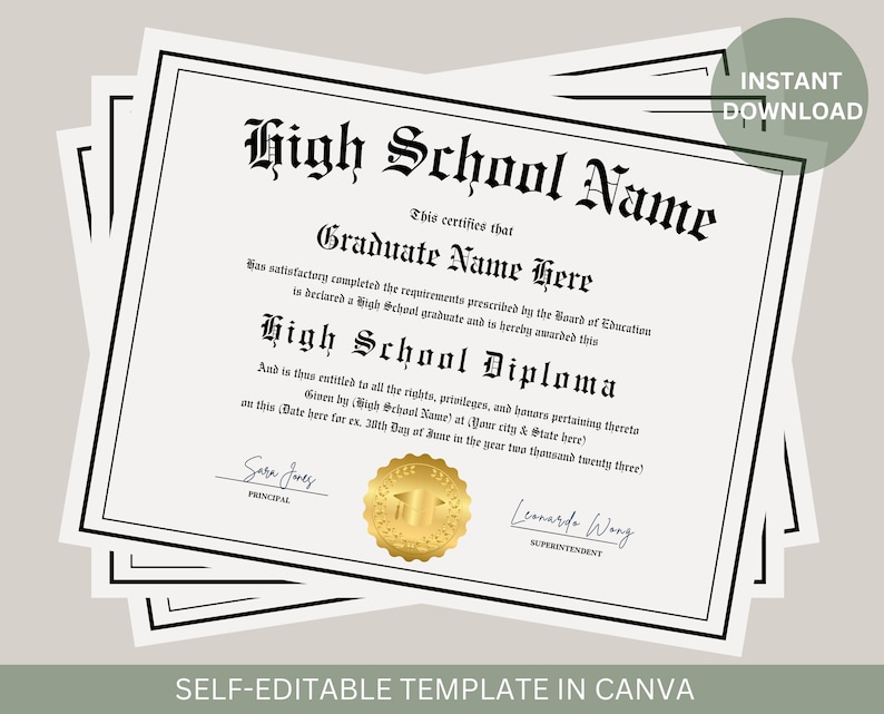 Editable High School Diploma With Gold Seal Printable Homeschool ...
