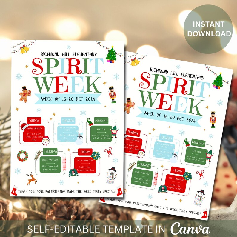 Editable Christmas Spirit Week Itinerary Schedule Flyer for Elementary ...