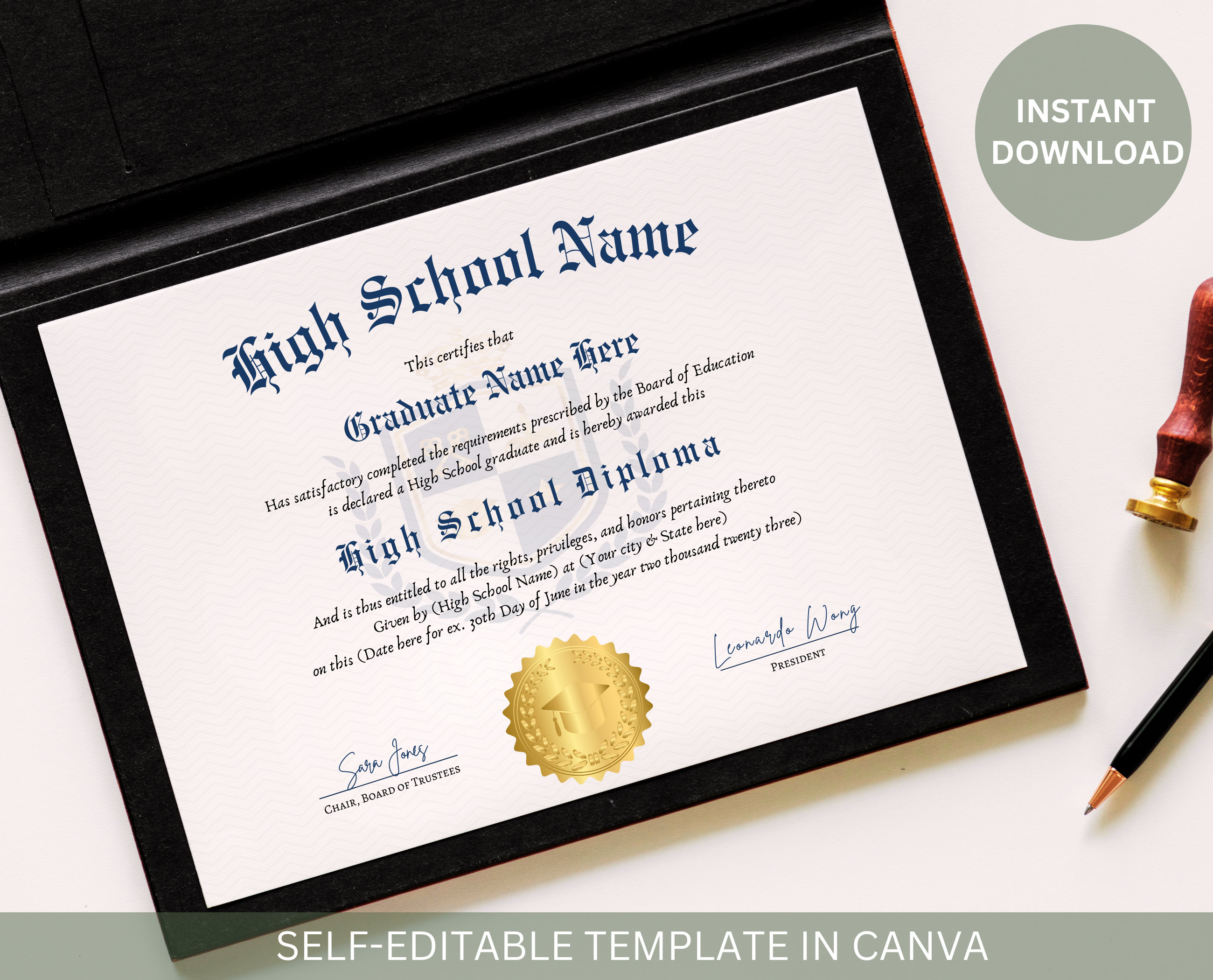 Editable High School Diploma Template: Replica of Graduation ...
