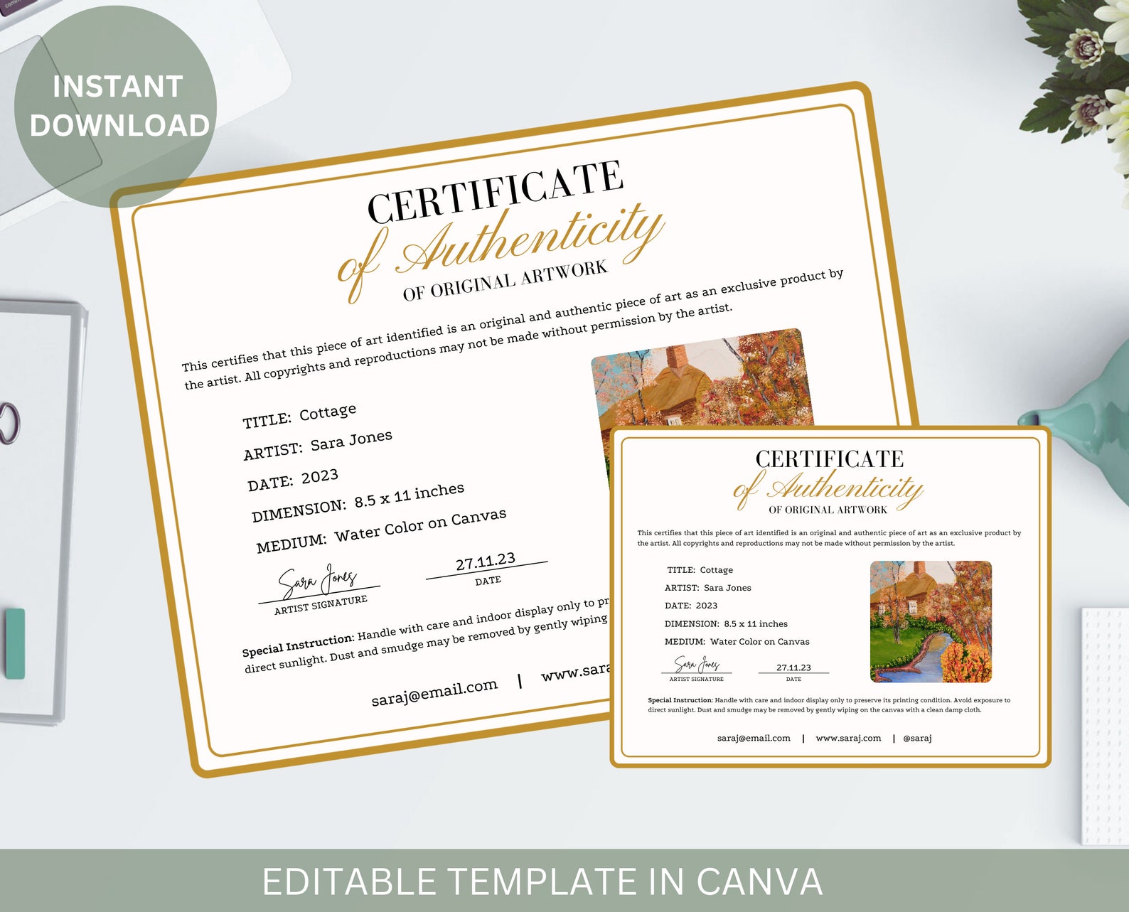 Editable Certificate of Authenticity of Original Artwork Printable ...