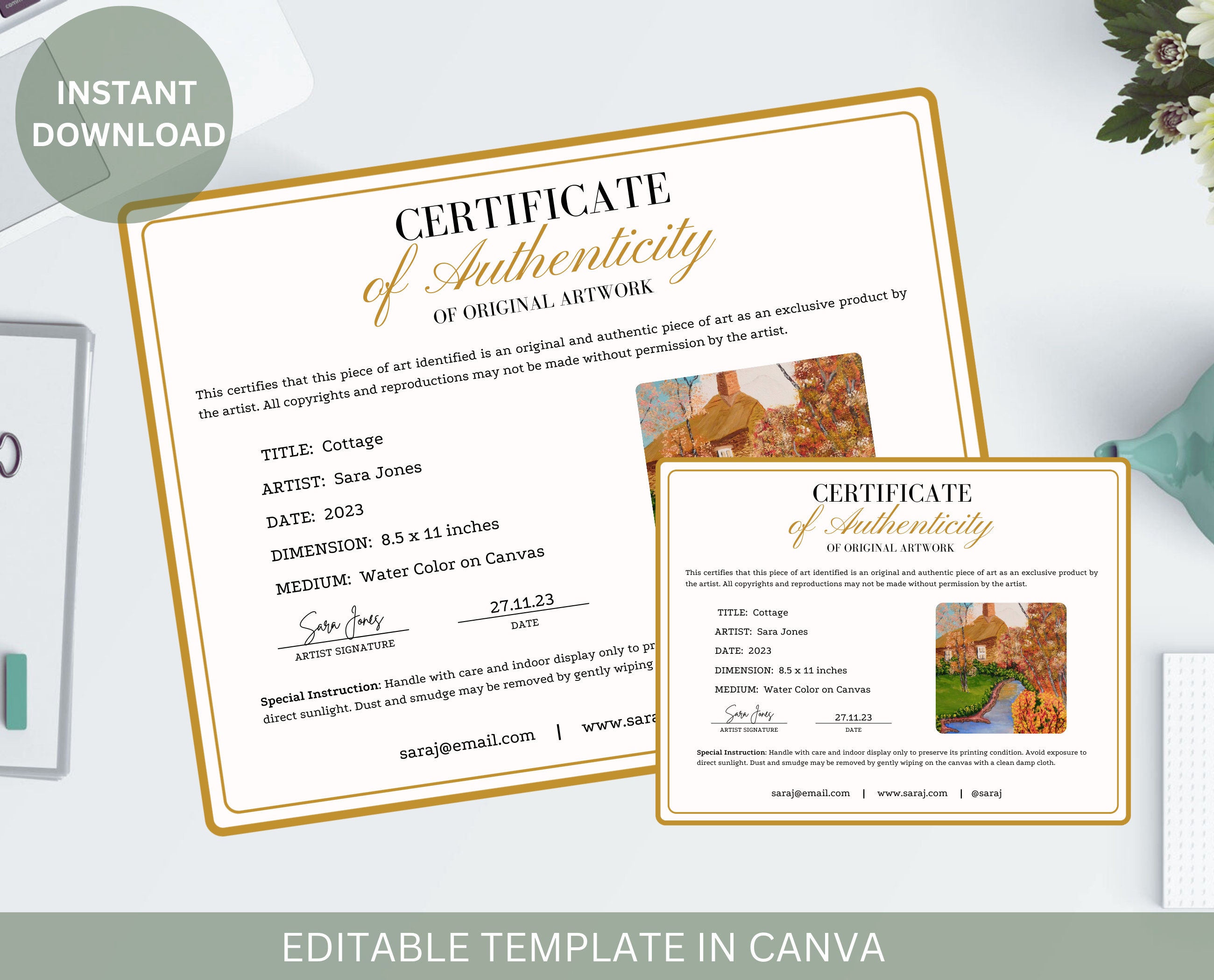 Editable Certificate of Authenticity of Original Artwork Printable ...