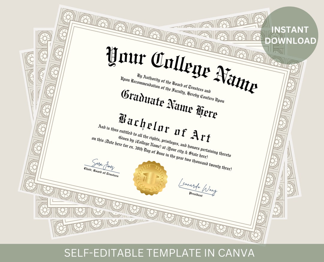 Editable College Diploma Template: Replica of Graduation Certificate ...