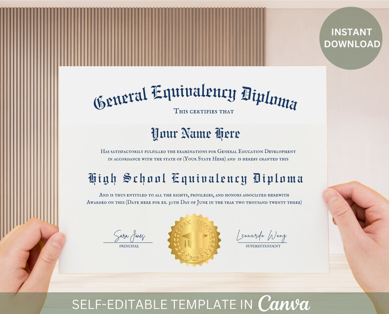 Editable GED Diploma With Gold Seal Graduation Certificate Printable ...