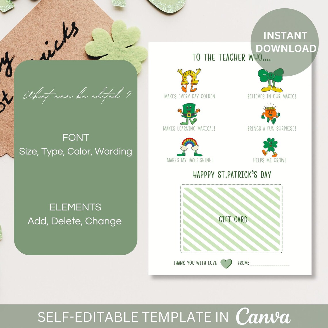Editable St. Patrick's Day Teacher Gift Card Holder (printable) - Etsy
