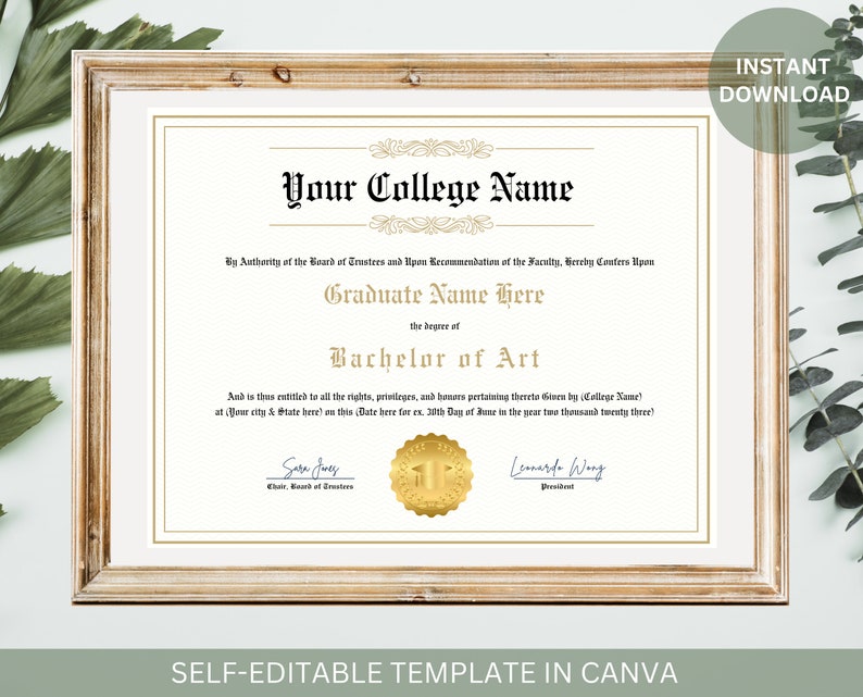 Editable College Diploma With Gold Seal Printable College Graduation ...