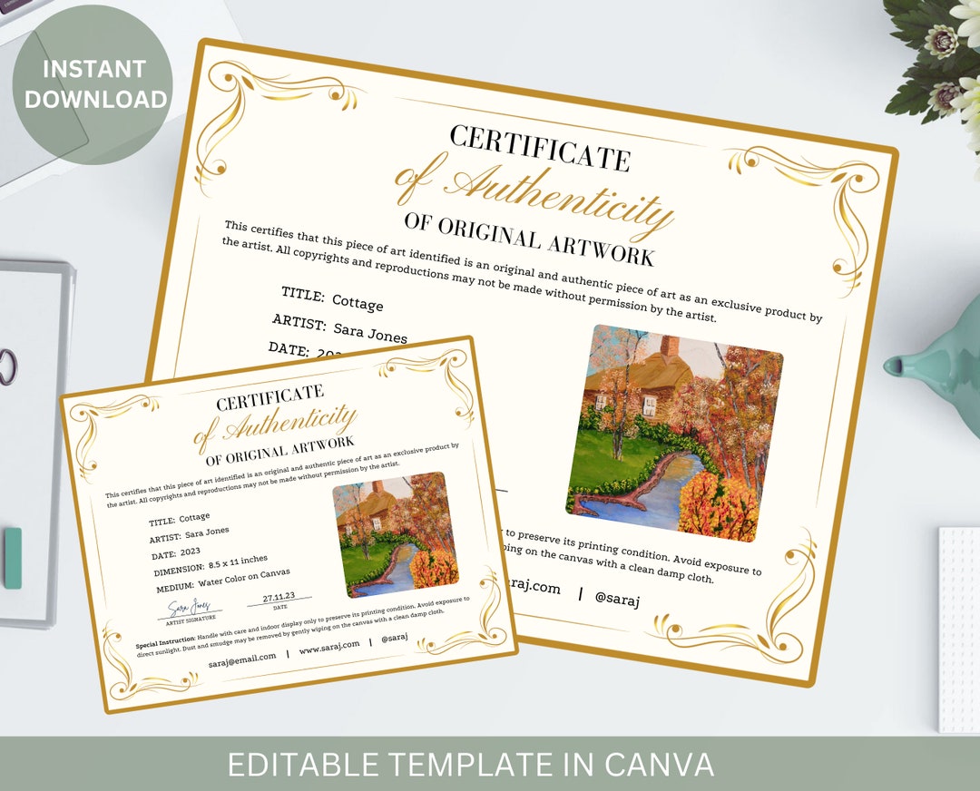 Editable Certificate of Authenticity of Original Artwork Printable ...