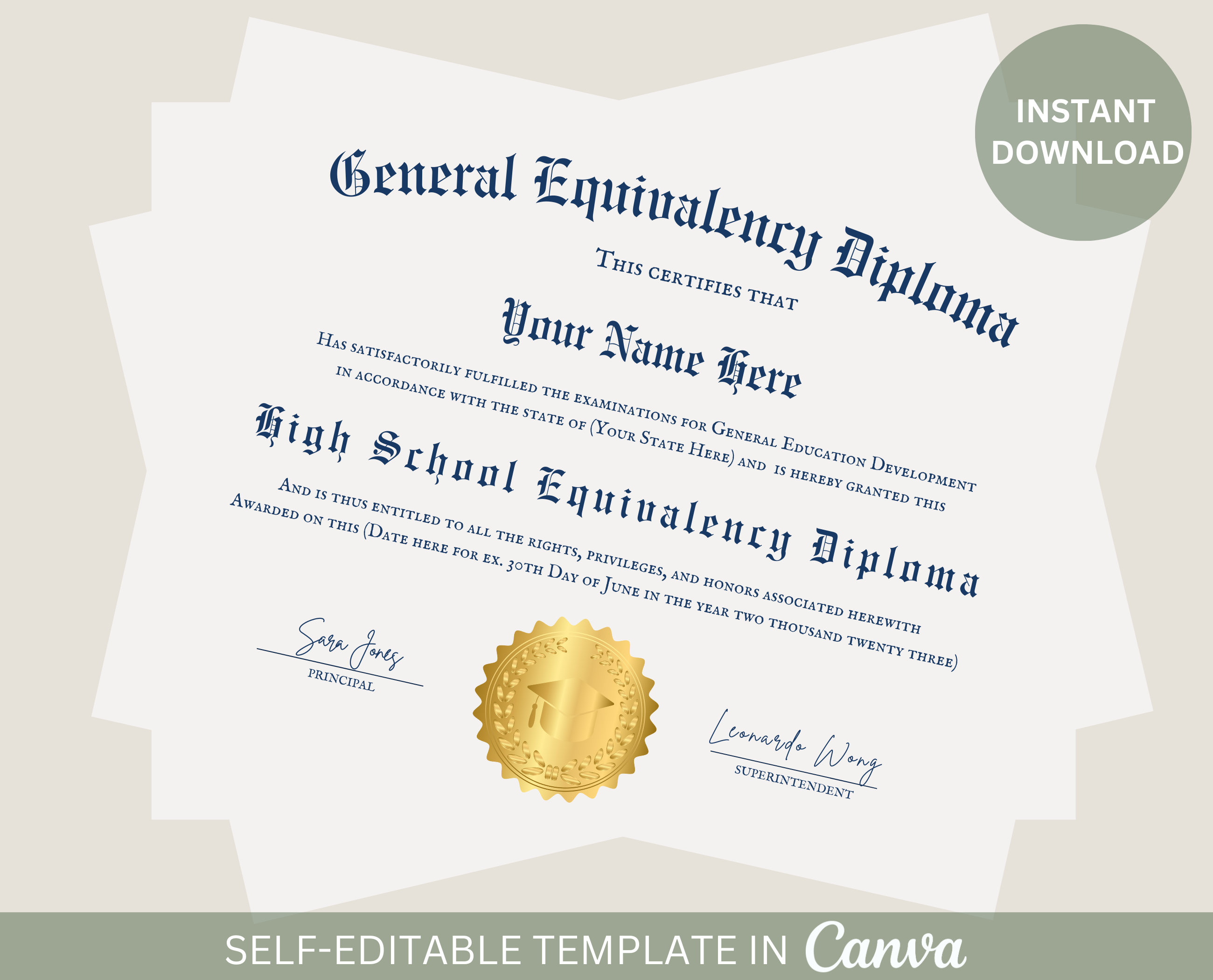 Editable GED Diploma With Gold Seal Graduation Certificate Printable ...