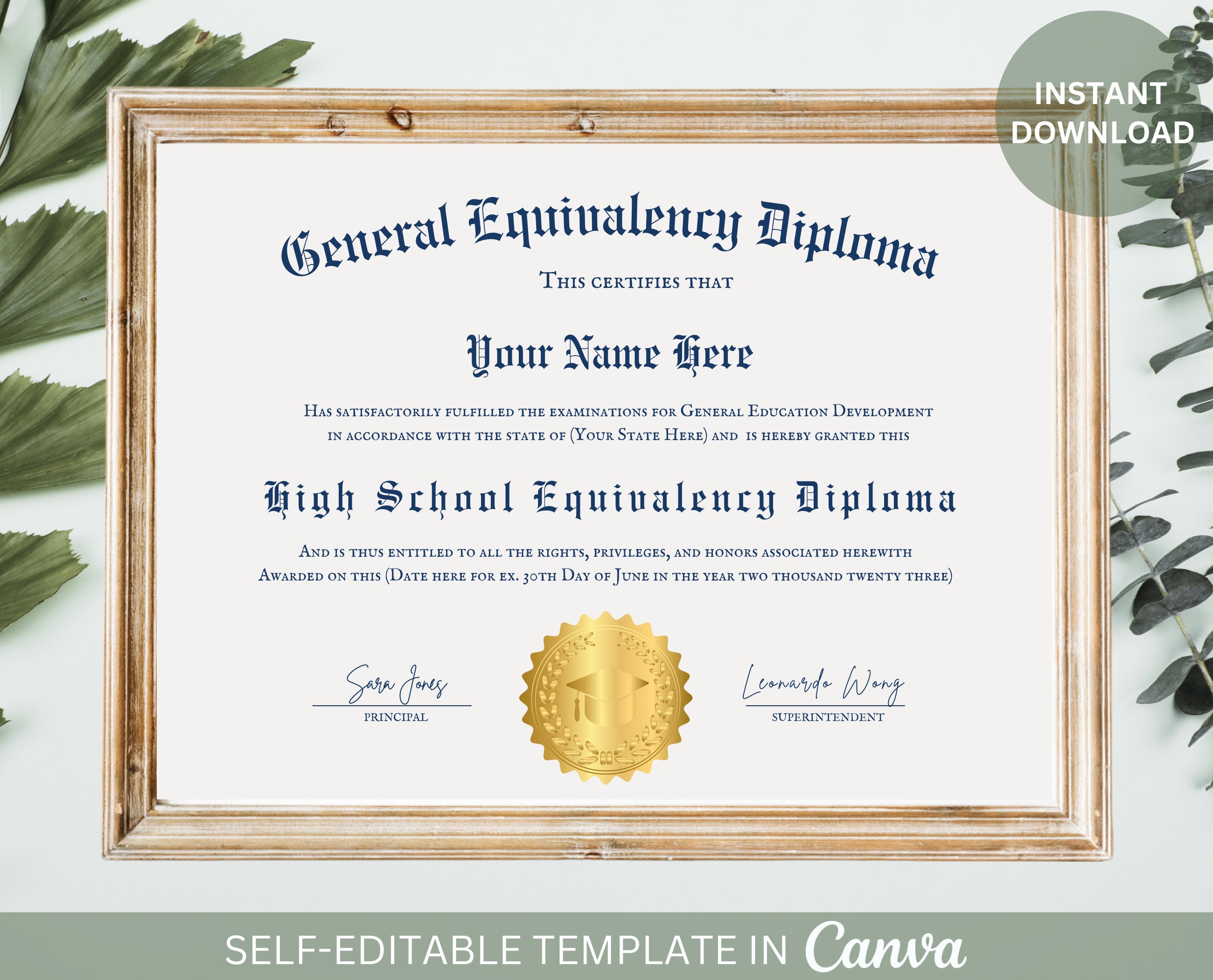 Editable GED Diploma With Gold Seal Graduation Certificate Printable ...